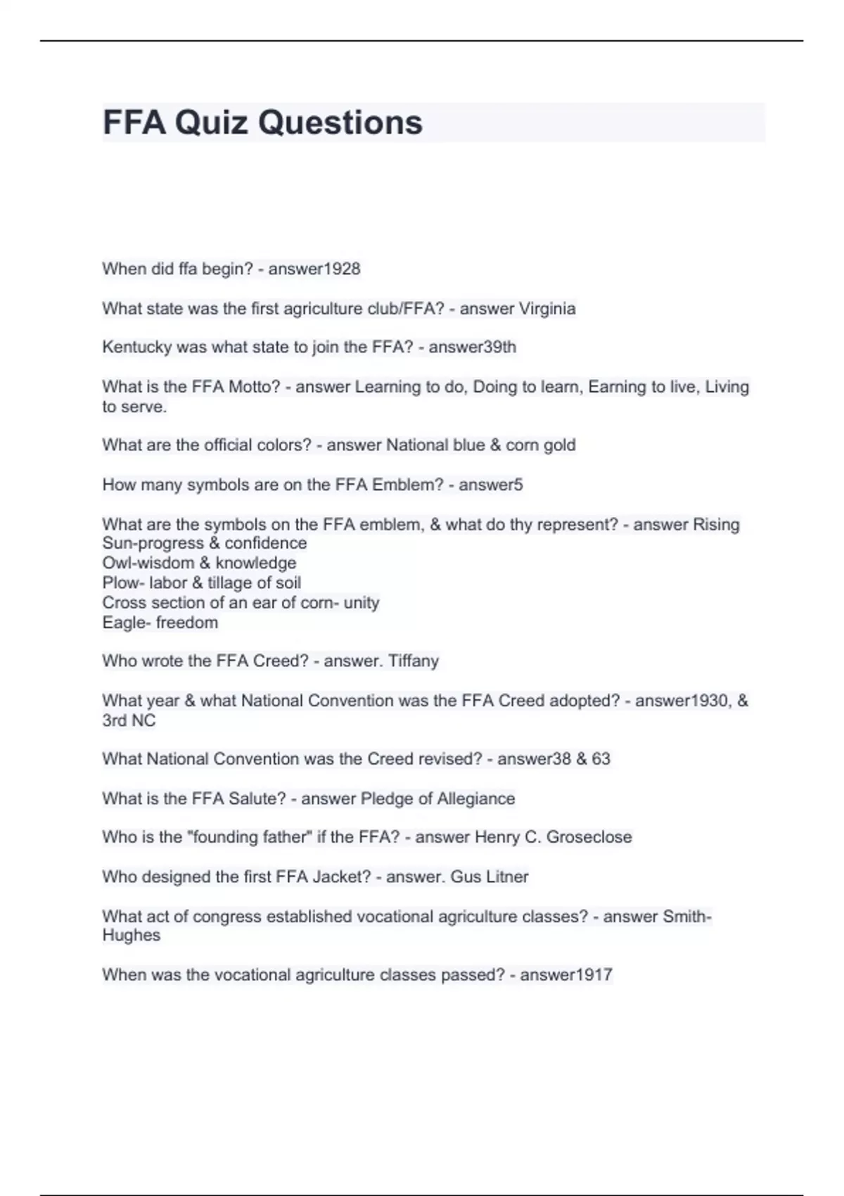 FFA Quiz Questions with correct Answers 2024 - FFA - Stuvia US