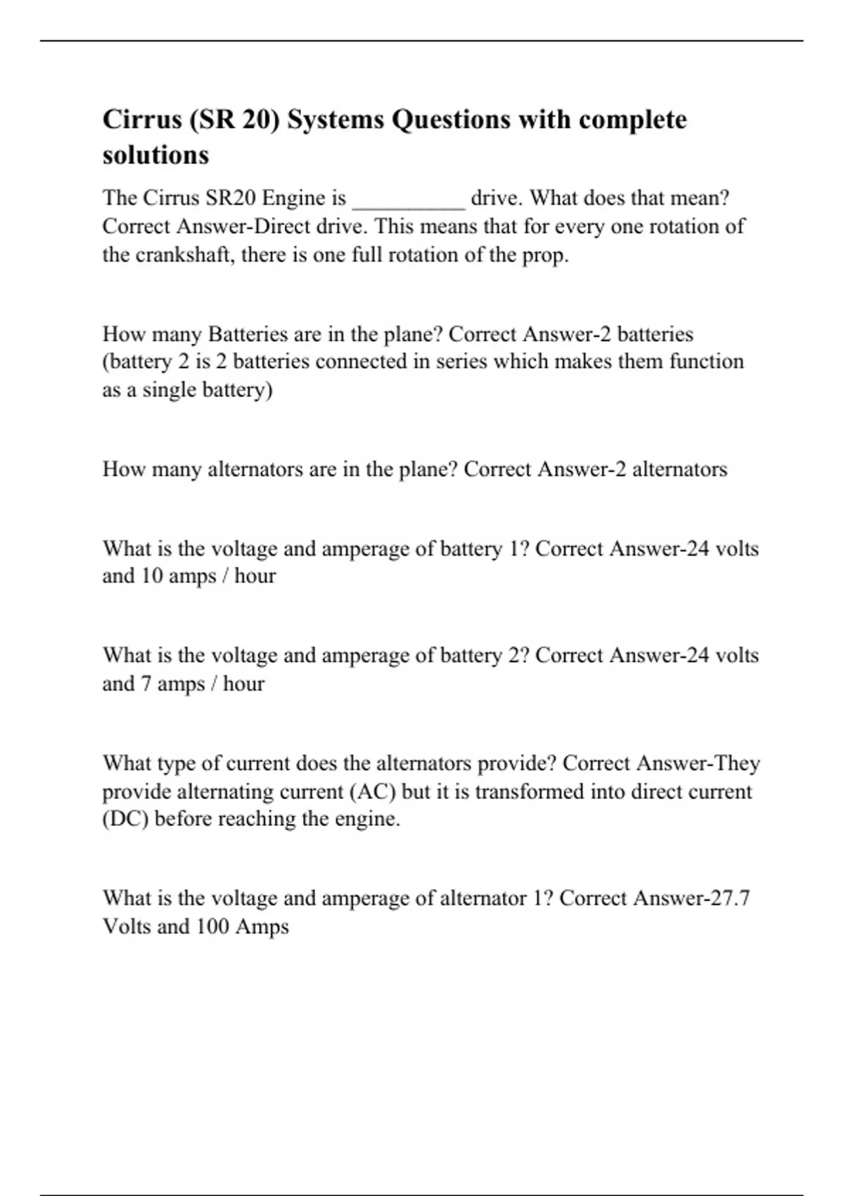 Cirrus (SR 20) Systems Questions with complete solutions - Cirrus SR20 - Stuvia UK