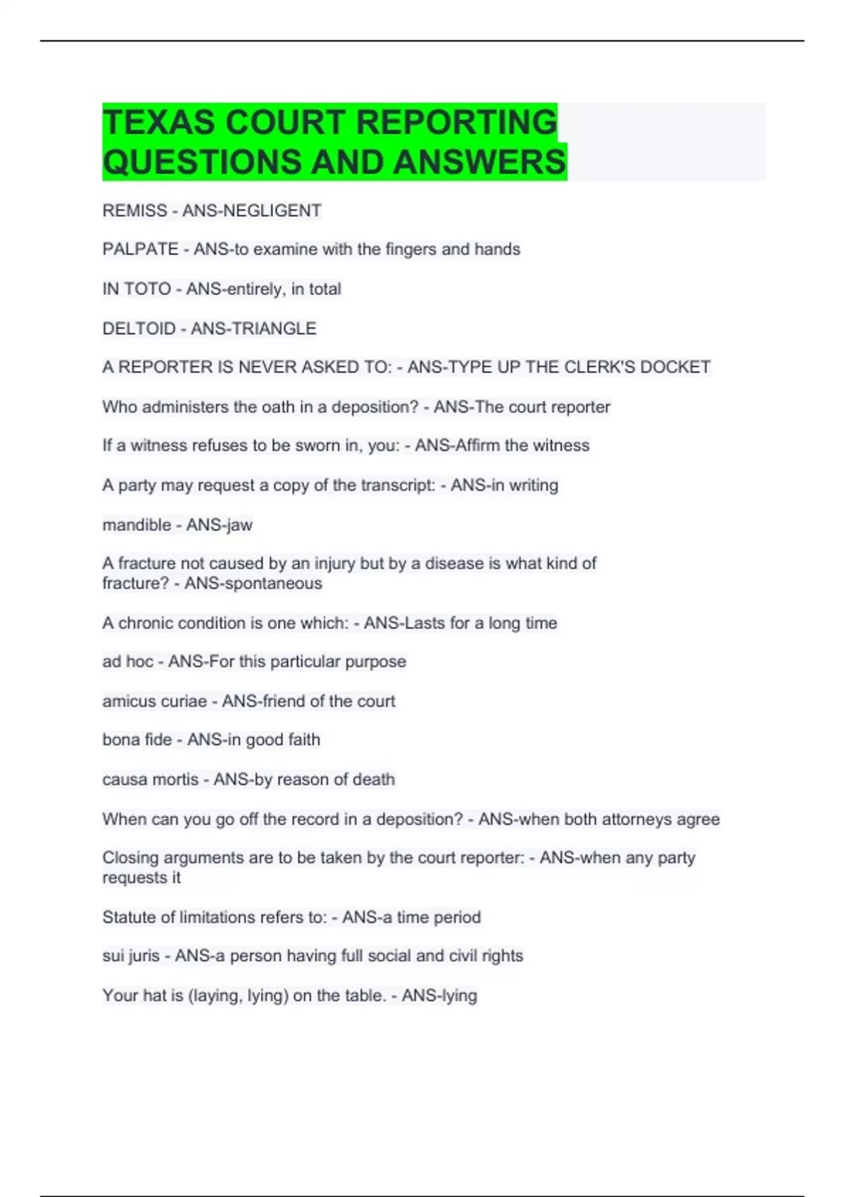 TEXAS COURT REPORTING QUESTIONS AND ANSWERS - Court reporting - Stuvia US