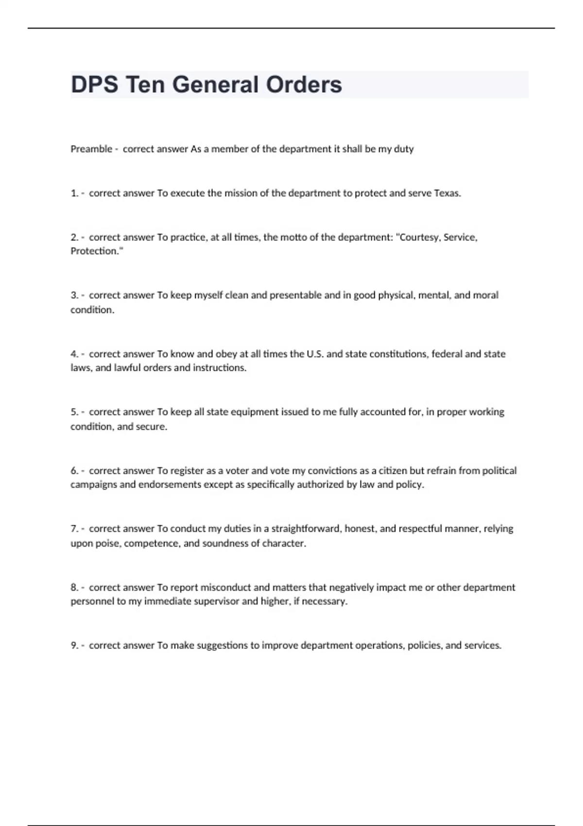 DPS Ten General Orders Questions with complete solution 2024 - DPS ...