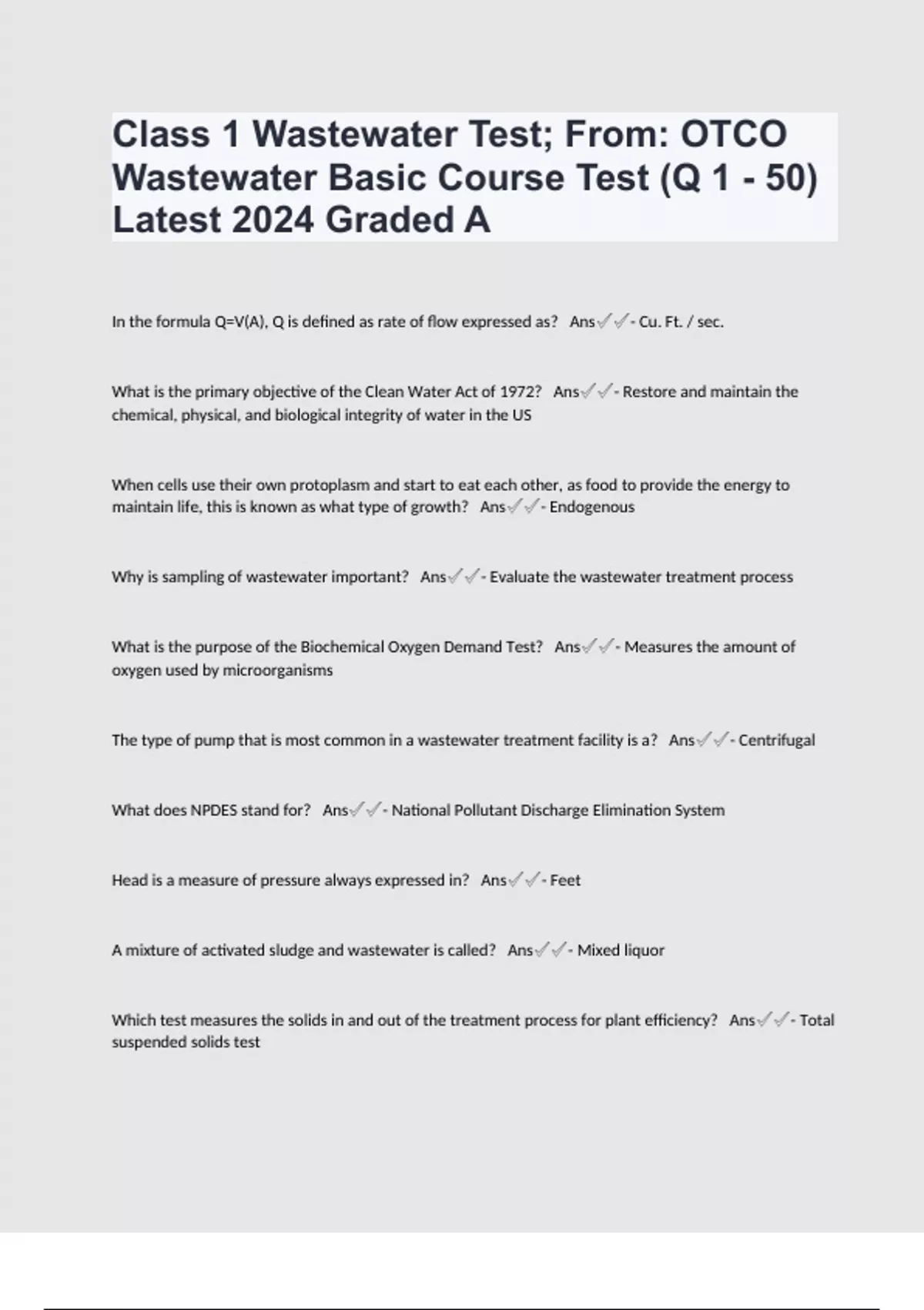 Class 1 Wastewater Test; From: OTCO Wastewater Basic Course Test (Q 1 ...