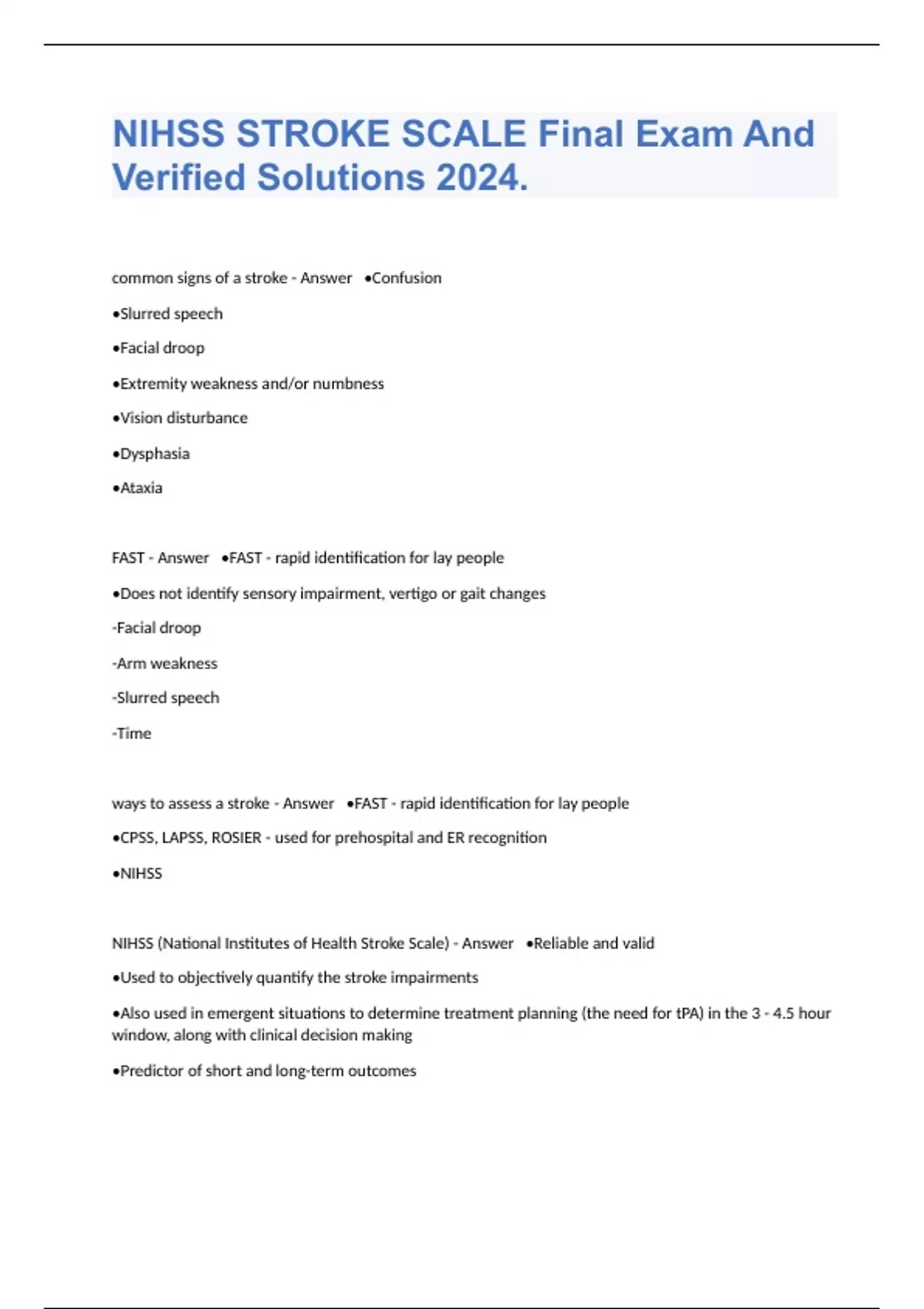 NIHSS STROKE SCALE Final Exam And Verified Solutions 2024. - NIH Stroke Scale - Stuvia US