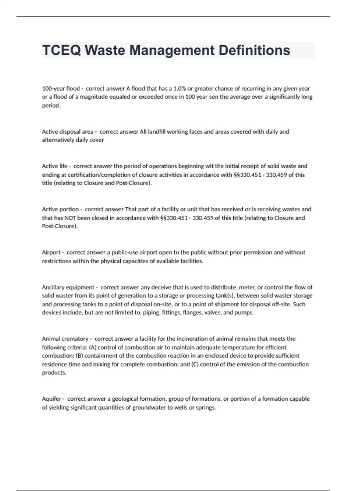 TCEQ Waste Management Definitions Questions with complete solution 2024 ...