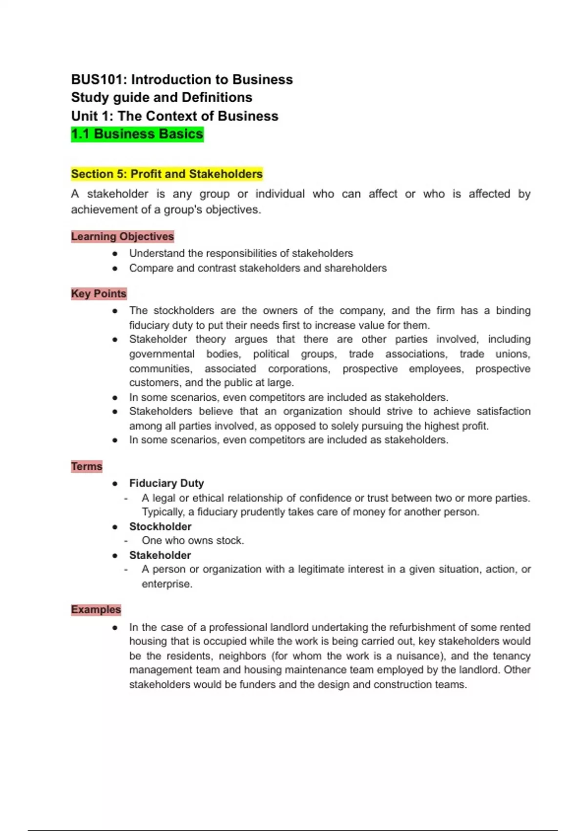 Class notes 1.1 Business Basics Section 5- Profit and Stakeholders ...