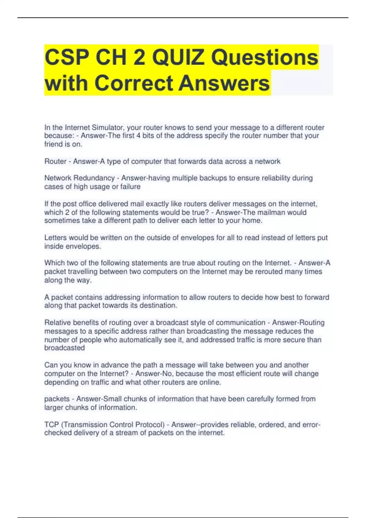 CSP CH 2 QUIZ Questions with Correct Answers - CSP - Stuvia US