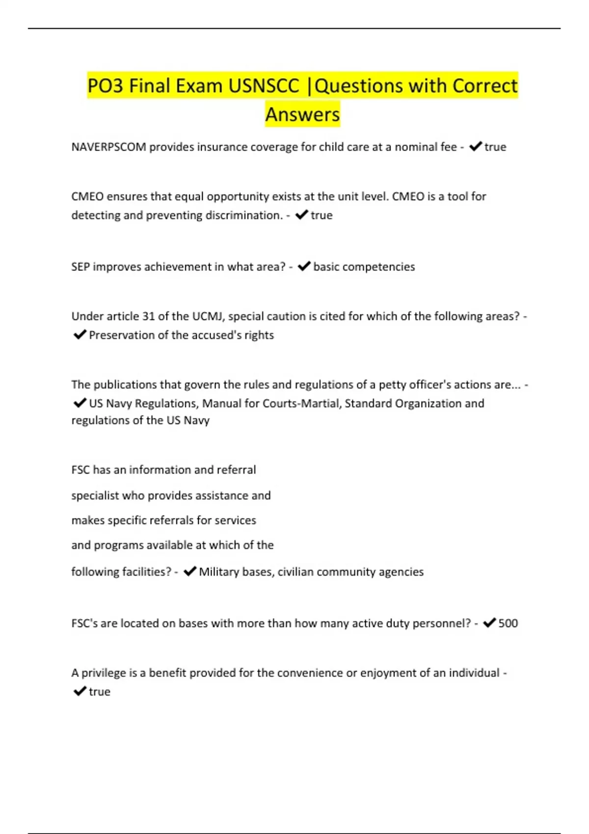 PO3 Final Exam USNSCC |Questions with Correct Answers - USNSCC - Stuvia US