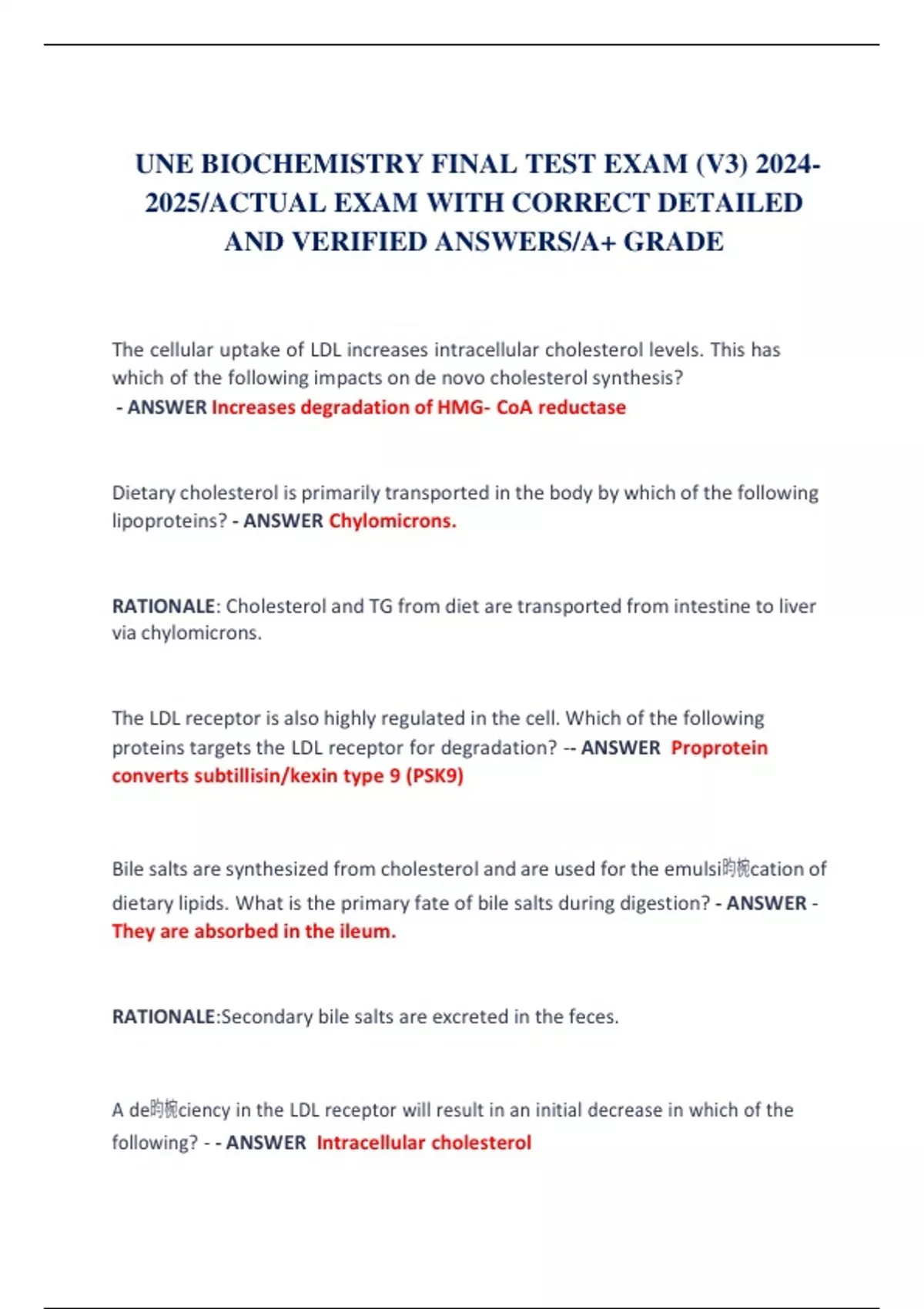 UNE BIOCHEMISTRY FINAL TEST EXAM (V3) /ACTUAL EXAM WITH CORRECT ...