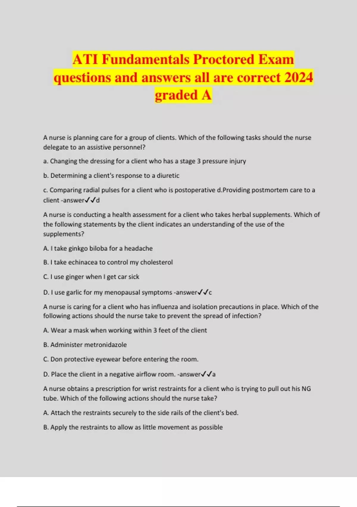 ATI Fundamentals Proctored Exam questions and answers all are correct ...