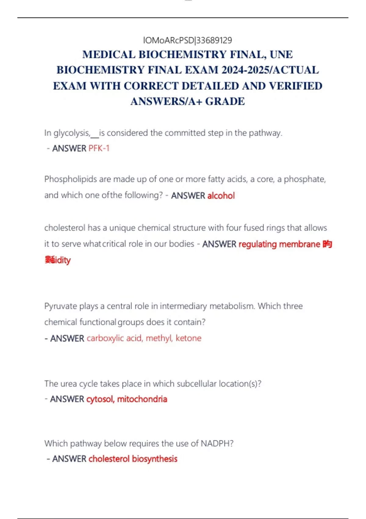 MEDICAL BIOCHEMISTRY FINAL, UNE BIOCHEMISTRY FINAL EXAM /ACTUAL EXAM ...