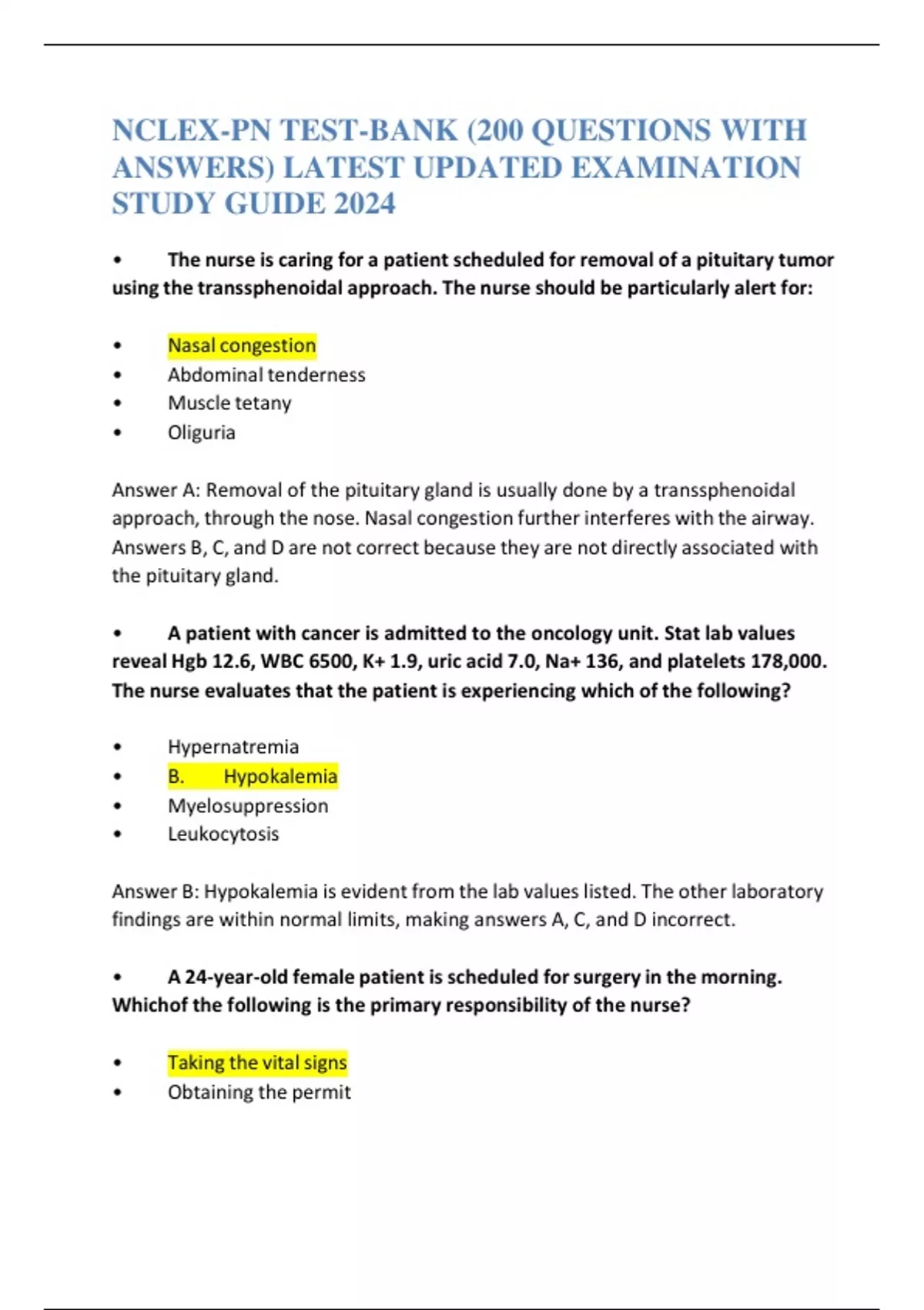 NCLEX-PN TEST-BANK (200 QUESTIONS WITH ANSWERS) LATEST UPDATED ...