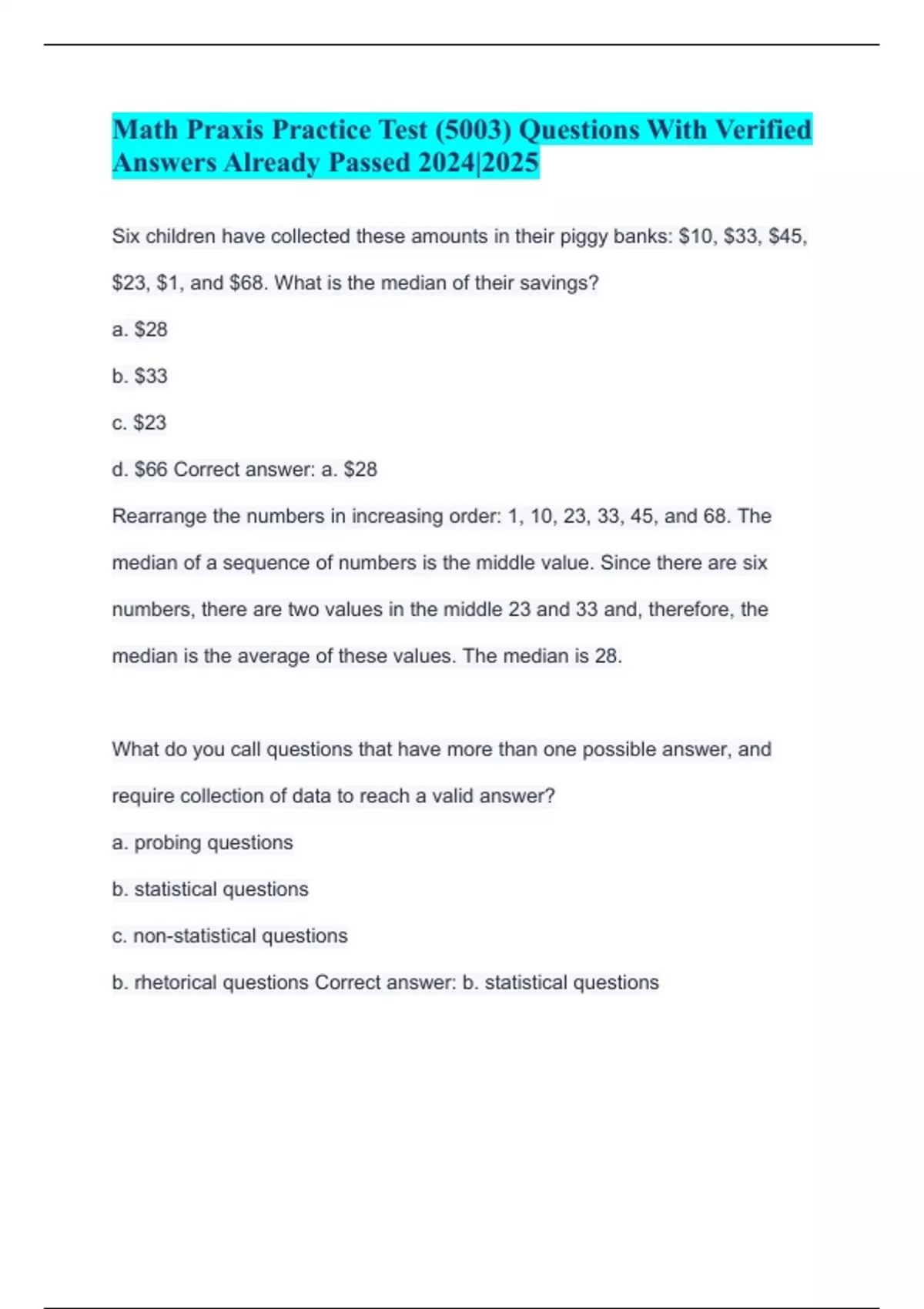 Math Praxis Practice Test (5003) Questions With Verified Answers ...