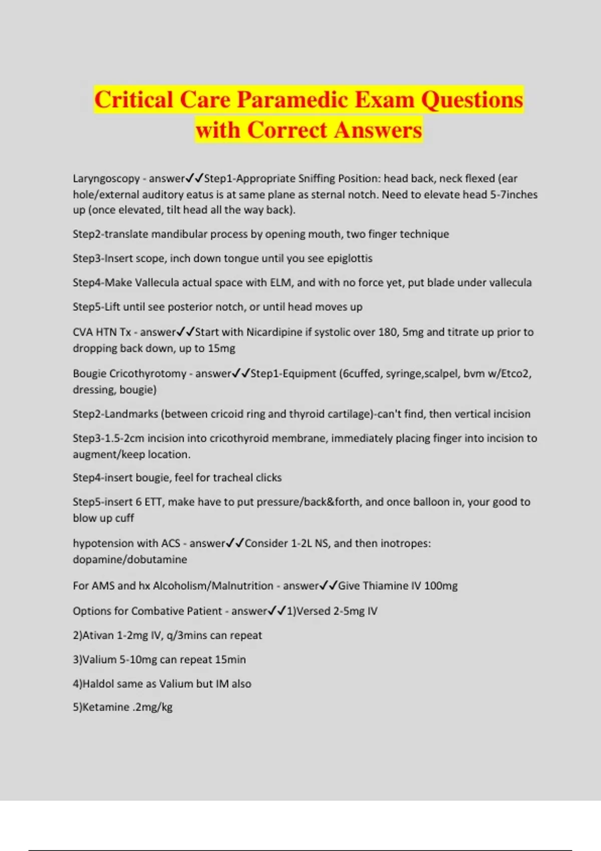 Critical Care Paramedic Exam Questions with Correct Answers - Critical ...