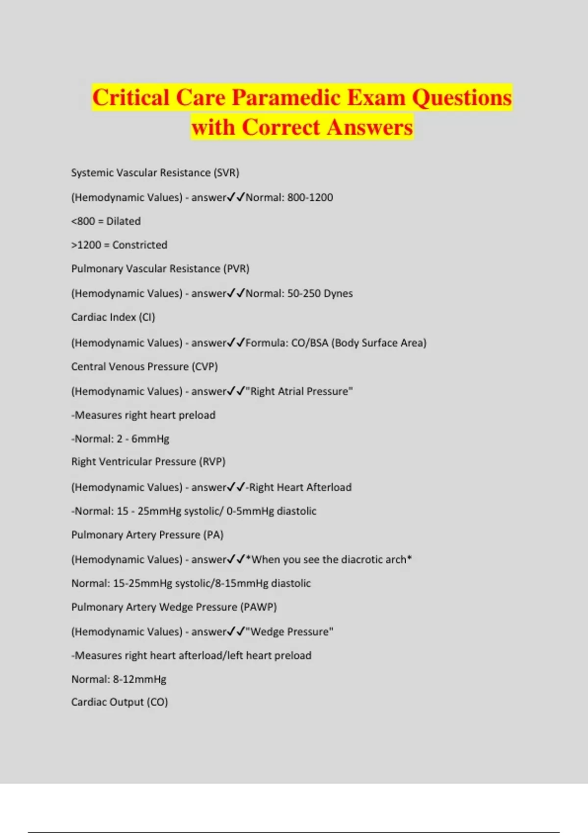 Critical Care Paramedic Exam Questions with Correct Answers - Critical ...