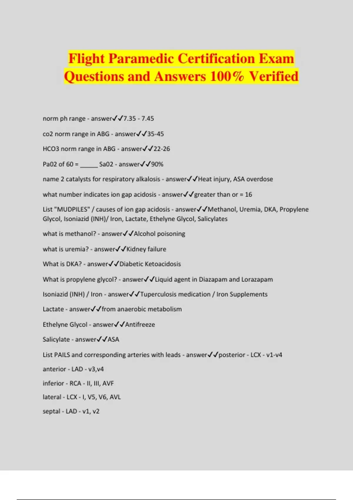 Flight Paramedic Certification Exam Questions and Answers 100% Verified ...