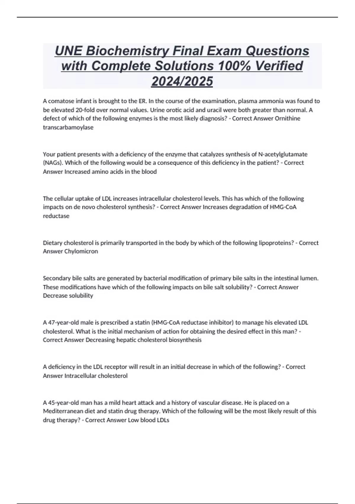 UNE Biochemistry Final Exam Questions with Complete Solutions 100% ...
