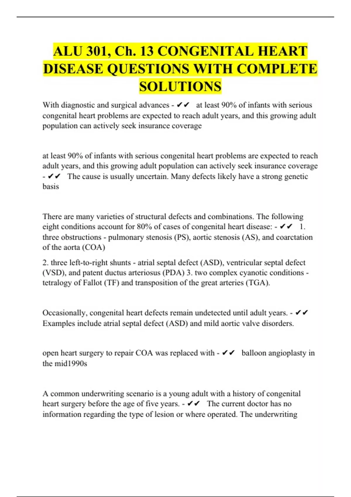 ALU 301, Ch. 13 CONGENITAL HEART DISEASE QUESTIONS WITH COMPLETE ...