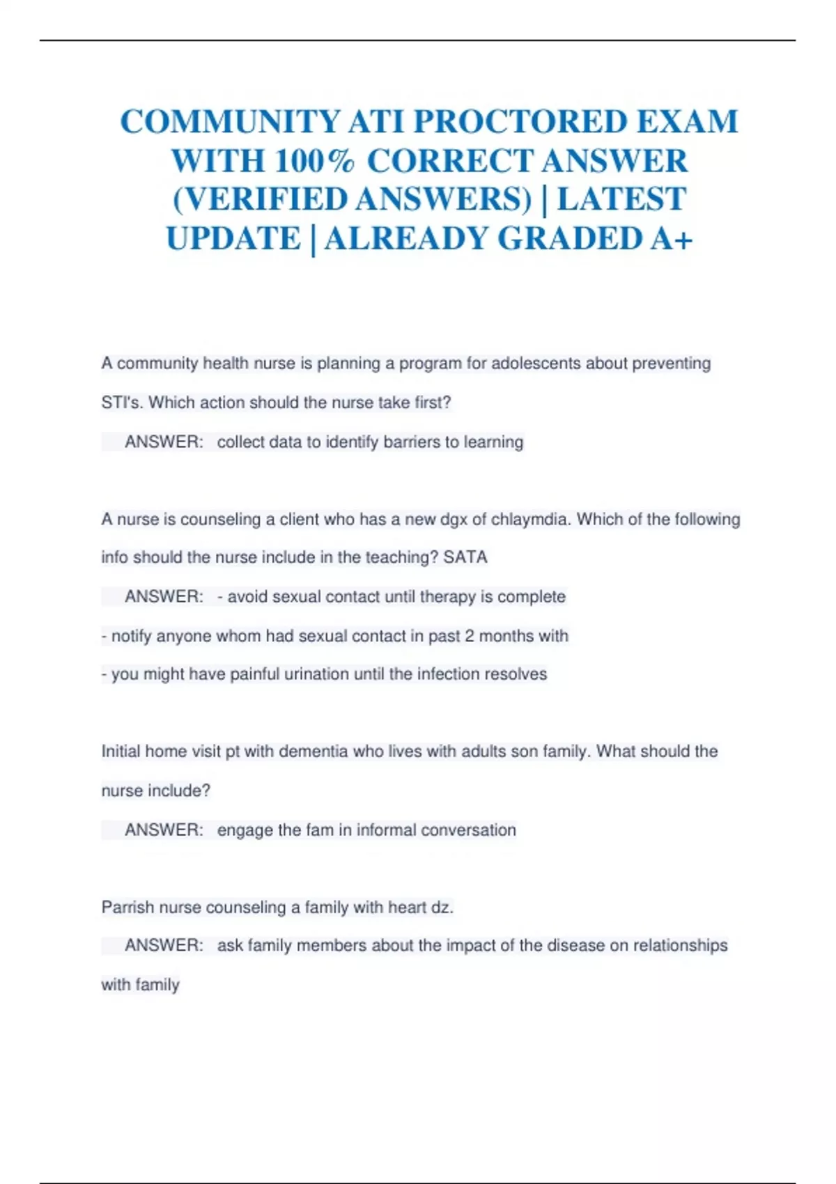 ATI Proctored Exam COMMUNITY HEALTH Questions & Verified Answers | 100% ...