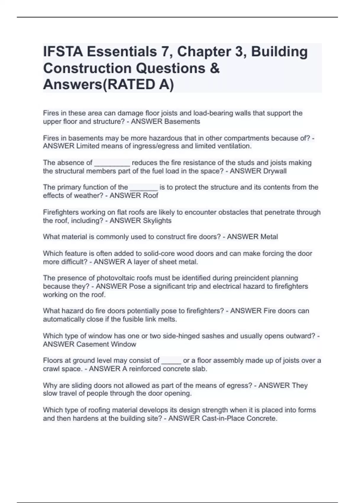 IFSTA Essentials 7, Chapter 3, Building Construction Questions ...