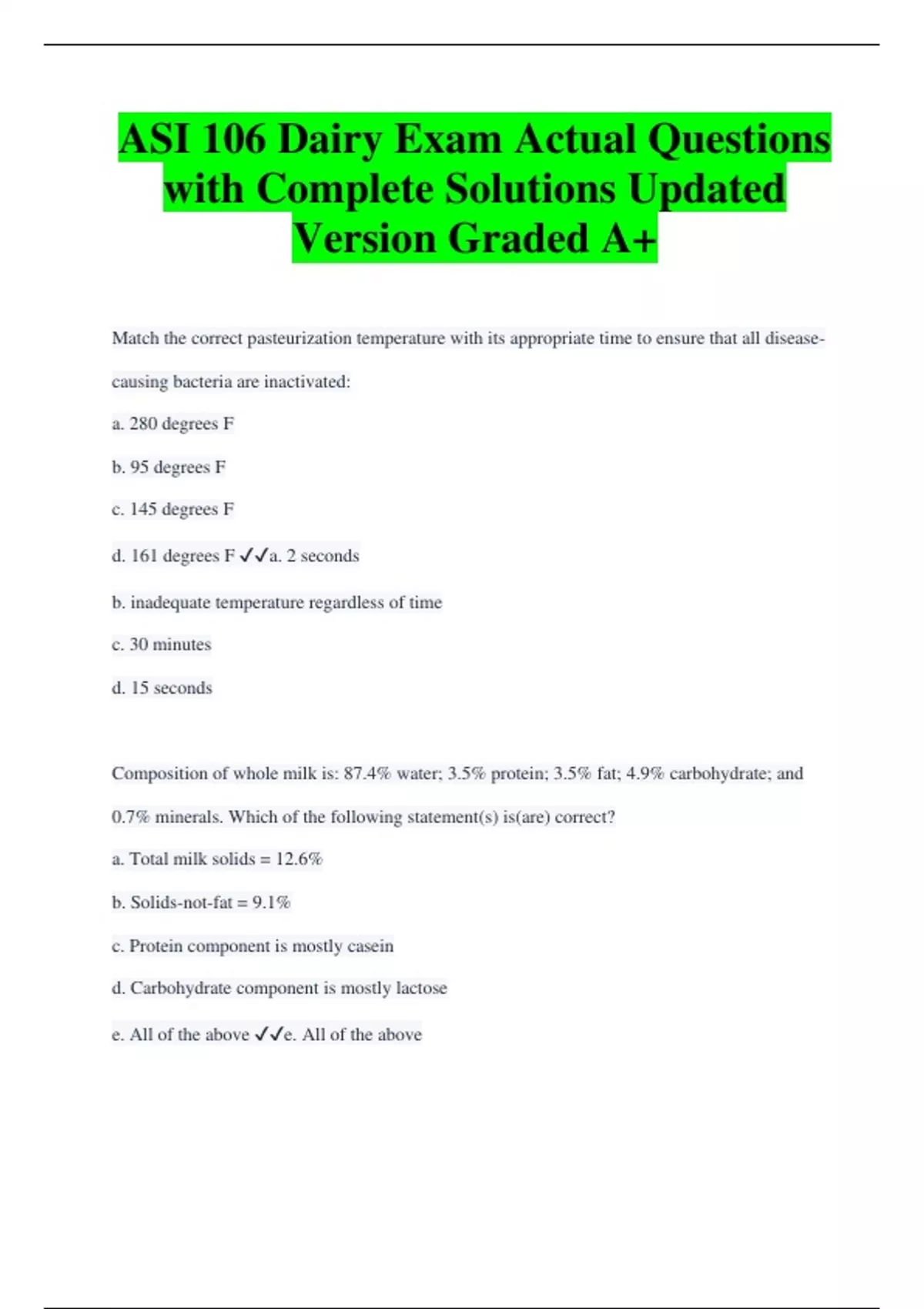 ASI 106 Dairy Exam Actual Questions with Complete Solutions Updated ...