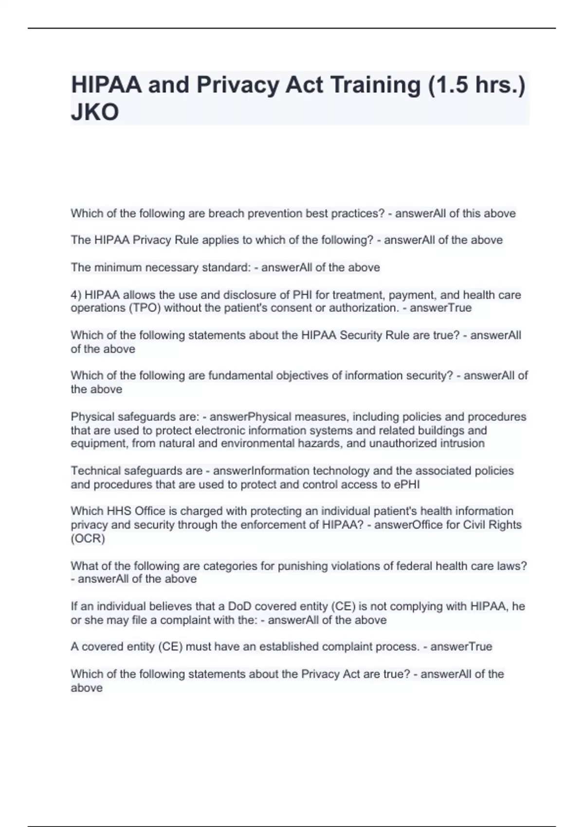 HIPAA and Privacy Act Training (1.5 hrs.) JKO Questions with solutions 2024 - Jko - Stuvia US