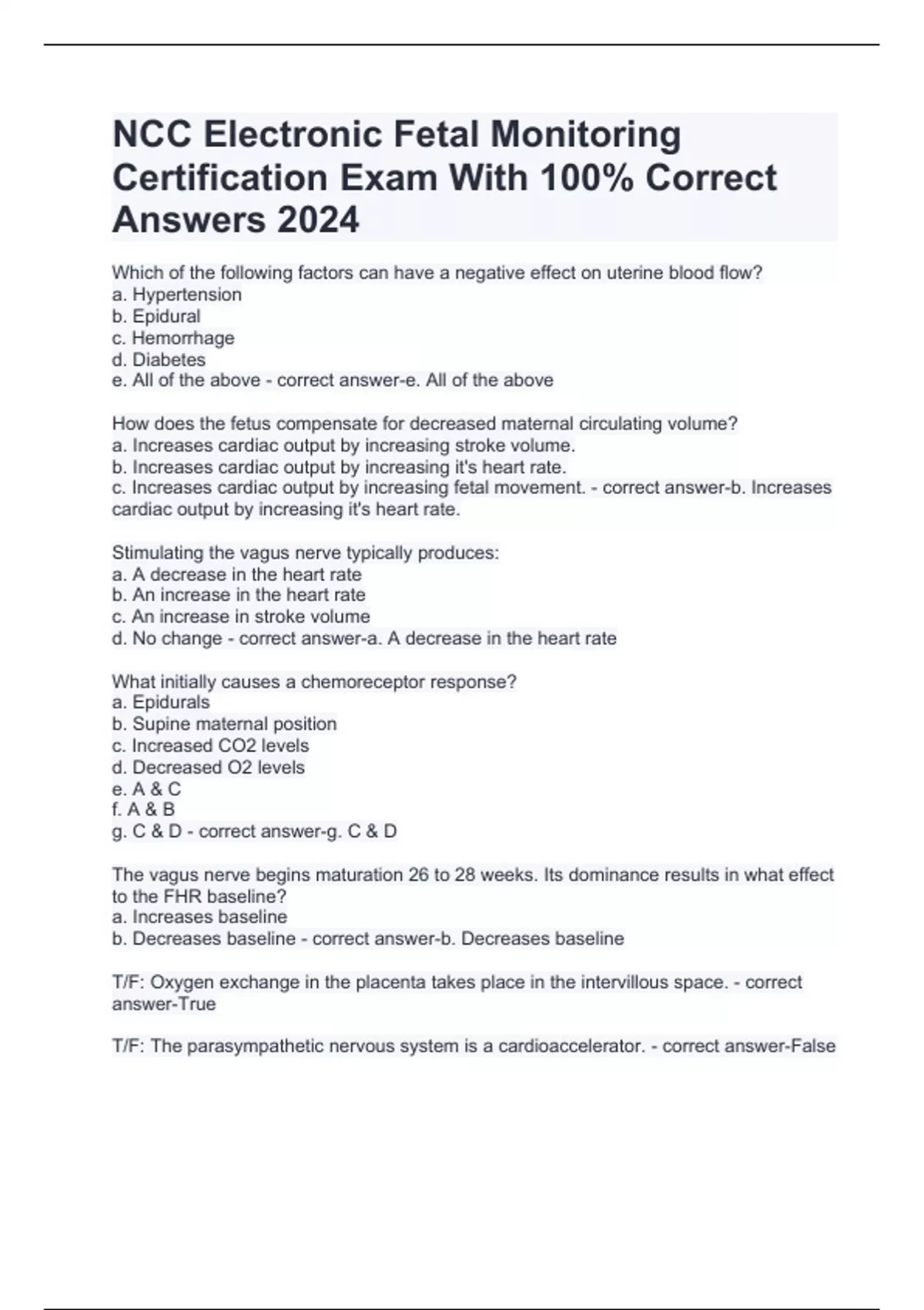 NCC Electronic Fetal Monitoring Certification Exam With 100% Correct Answers 2024 - NCC Fetal ...