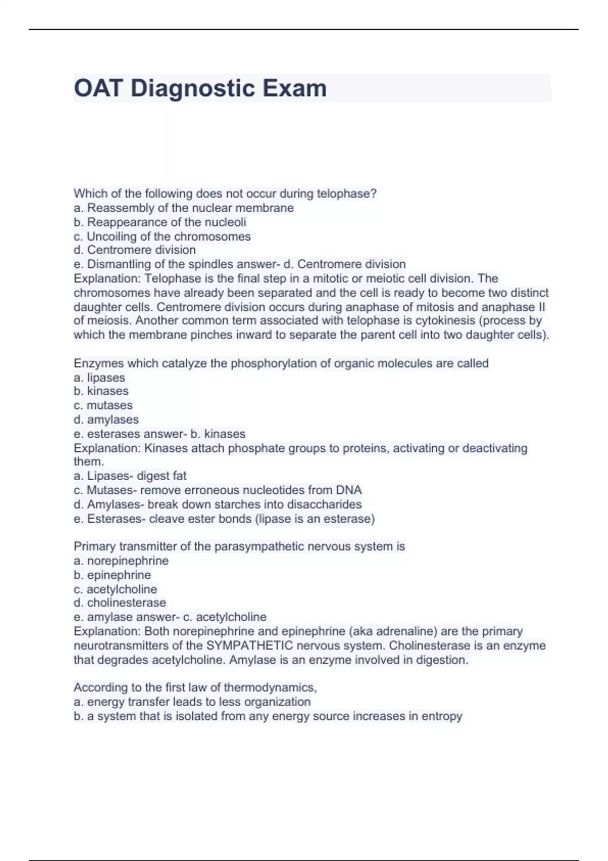 OAT Diagnostic Exam questions with solutions - OAT - Stuvia UK