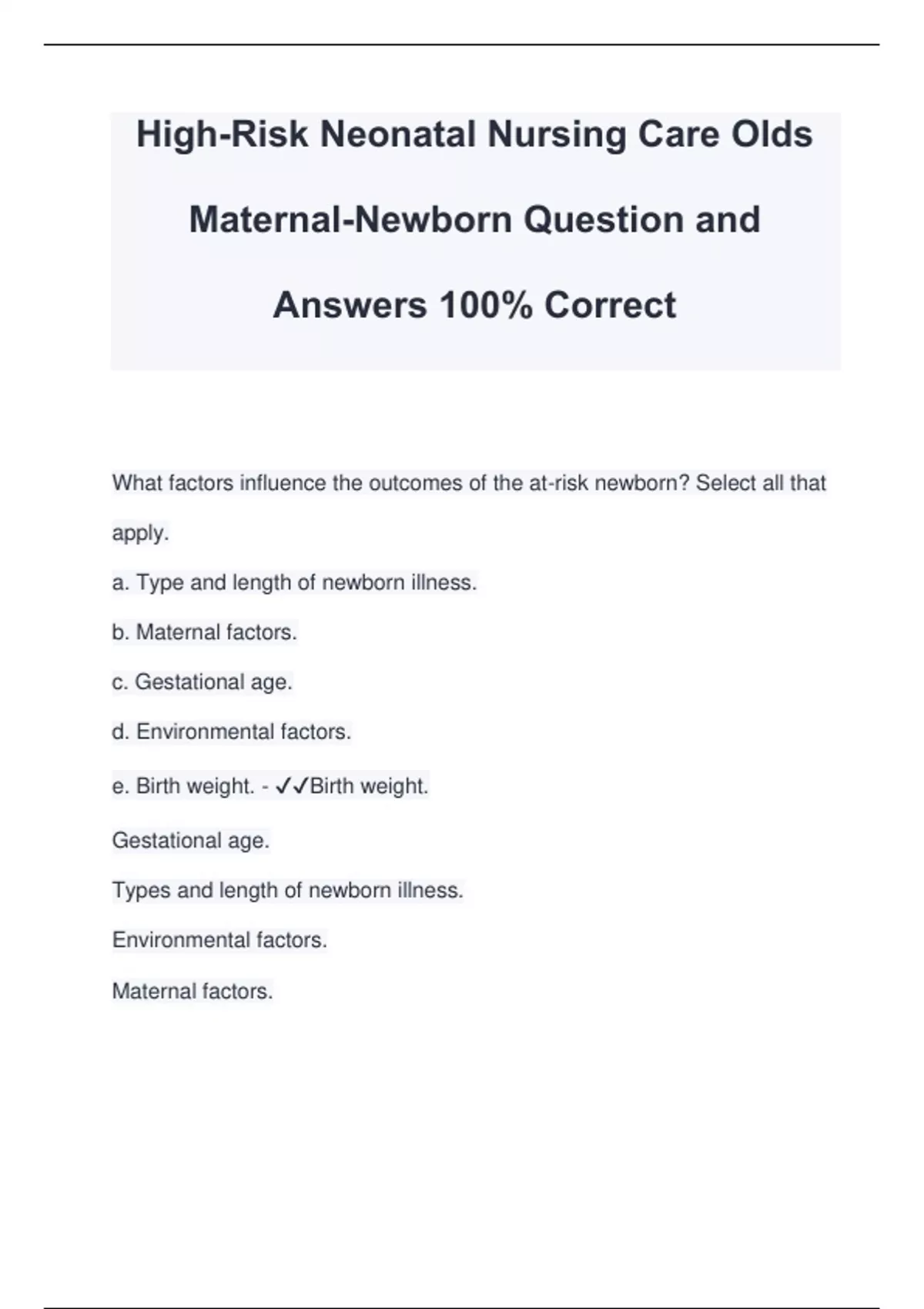 High-Risk Neonatal Nursing Care Olds Maternal-Newborn Question and ...