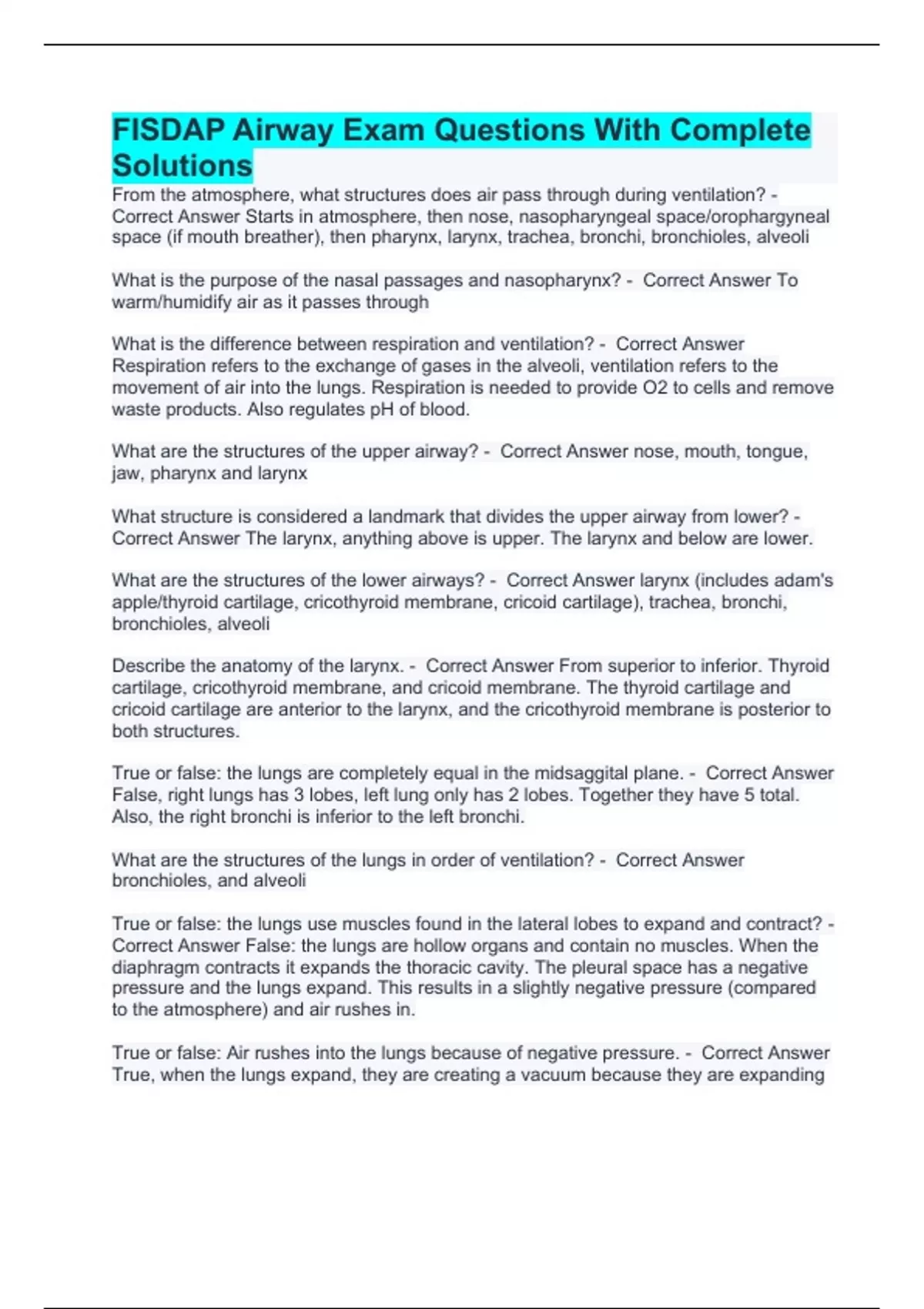 FISDAP Airway Exam Questions With Complete Solutions - FISDAP AIRWAY - Stuvia US