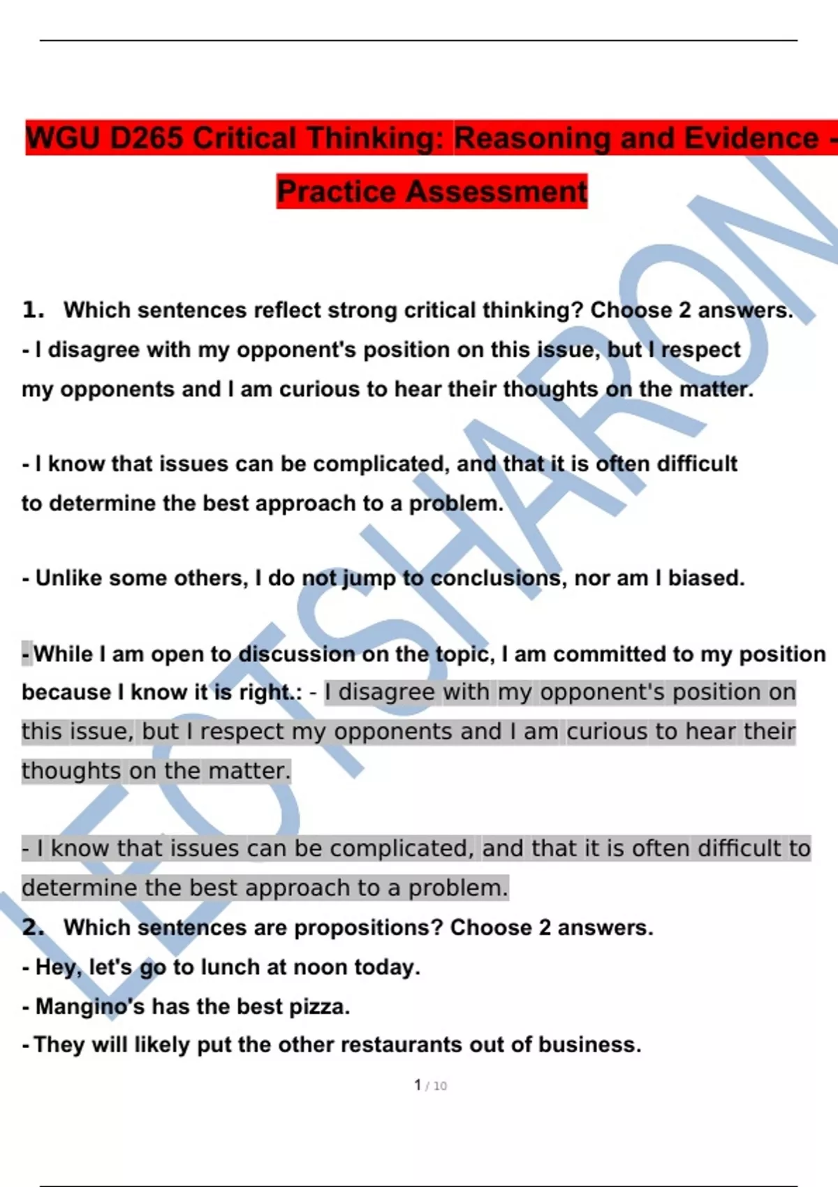 WGU D265 PRE-ASSESSMENT:CRITICAL THINKING :REASONING AND EVIDENCE(PEKO ...