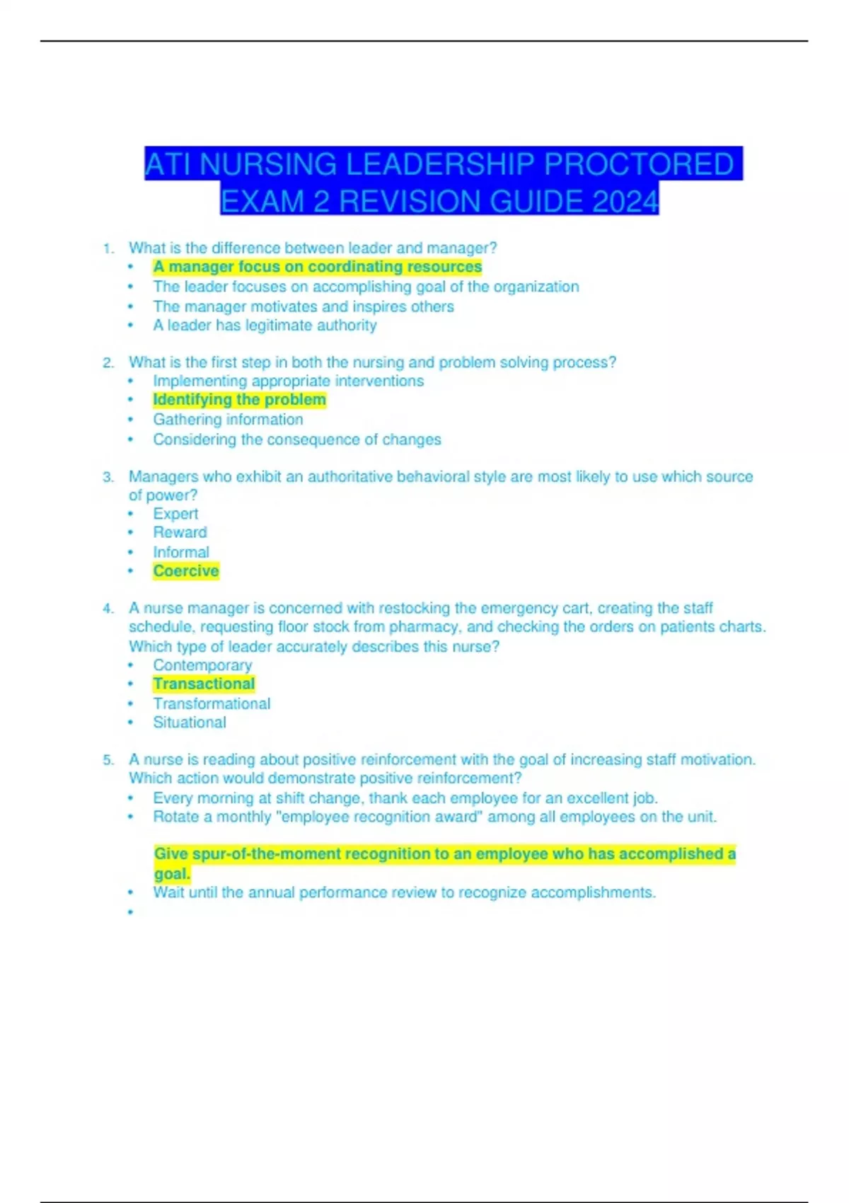 ATI NURSING LEADERSHIP PROCTORED EXAM 2 REVISION GUIDE 2024 - ATI ...