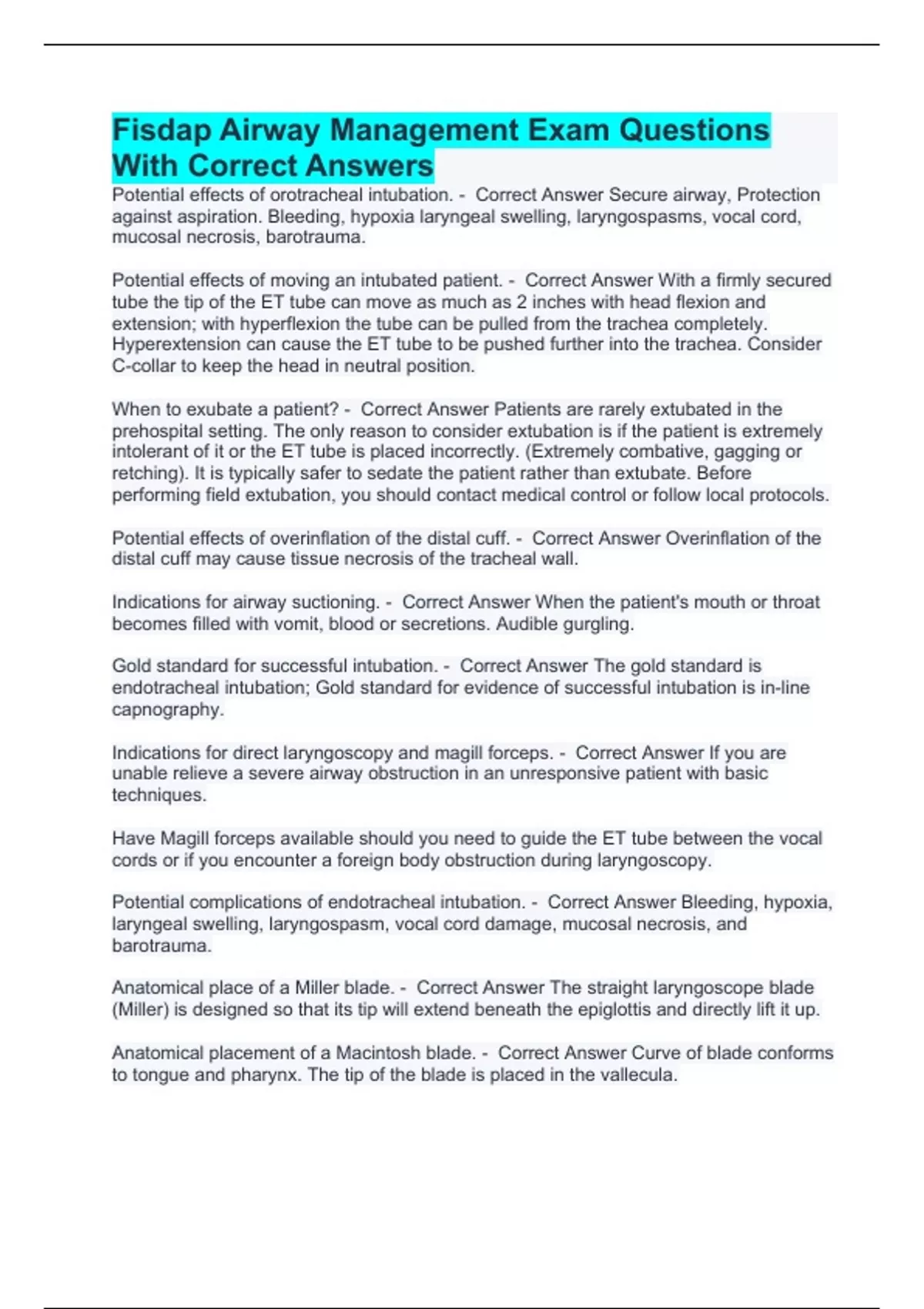 Fisdap Airway Management Exam Questions With Correct Answers - FISDAP ...