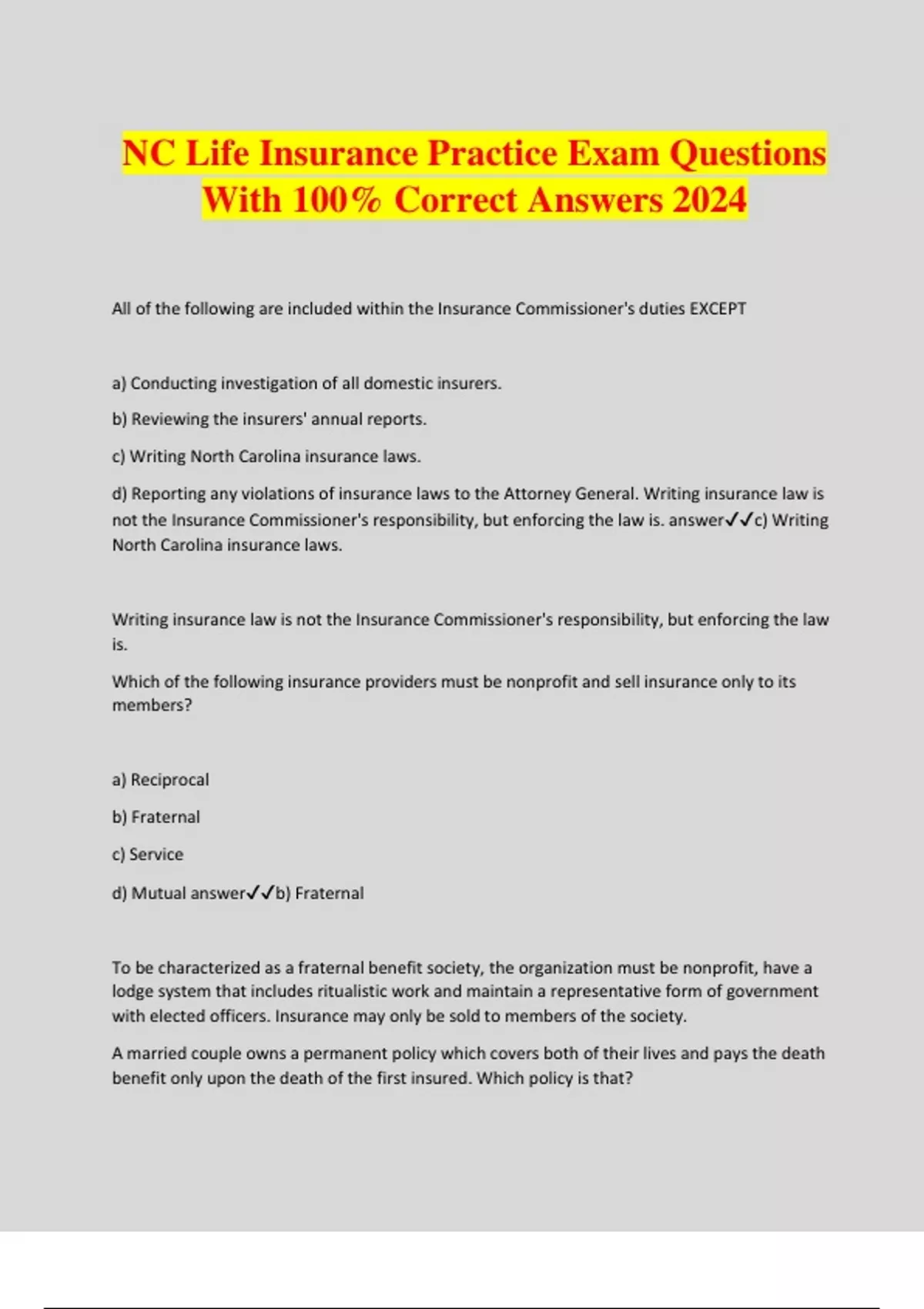 NC Life Insurance Practice Exam Questions With 100% Correct Answers ...