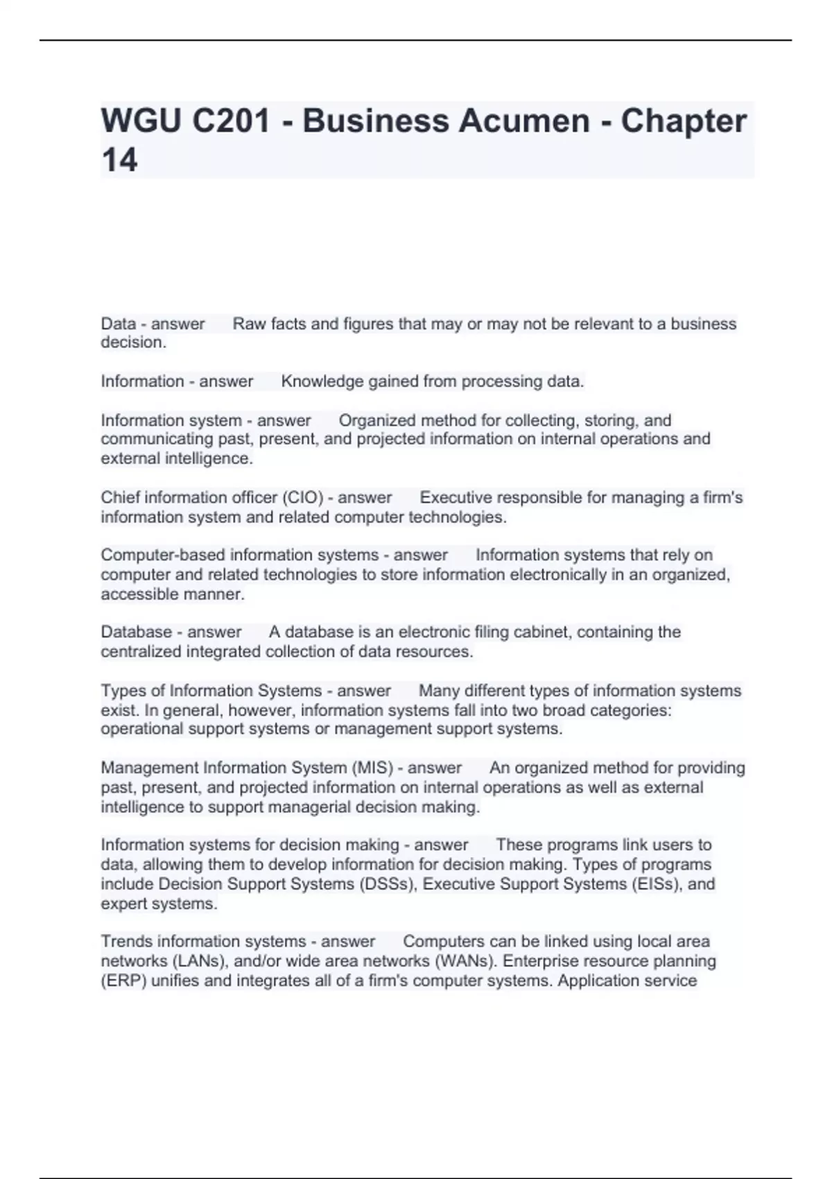 WGU C201 - Business Acumen - Chapter 14 Questions with solutions 2024 - WGU C201 - Stuvia US