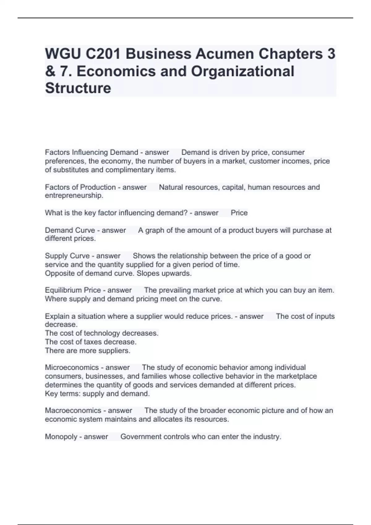 WGU C201 Business Acumen Chapters 3 & 7. Economics and Organizational Structure Questions with ...