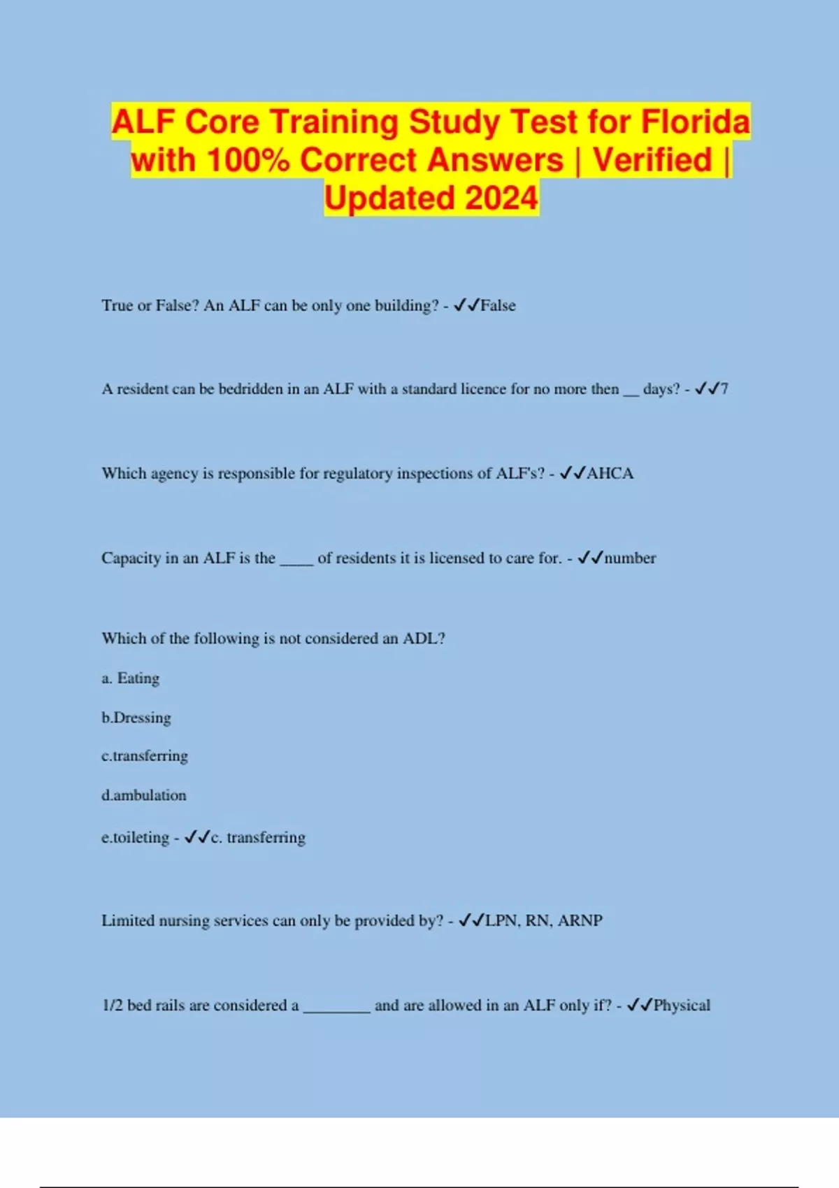 ALF Core Training Study Test for Florida with 100% Correct Answers ...