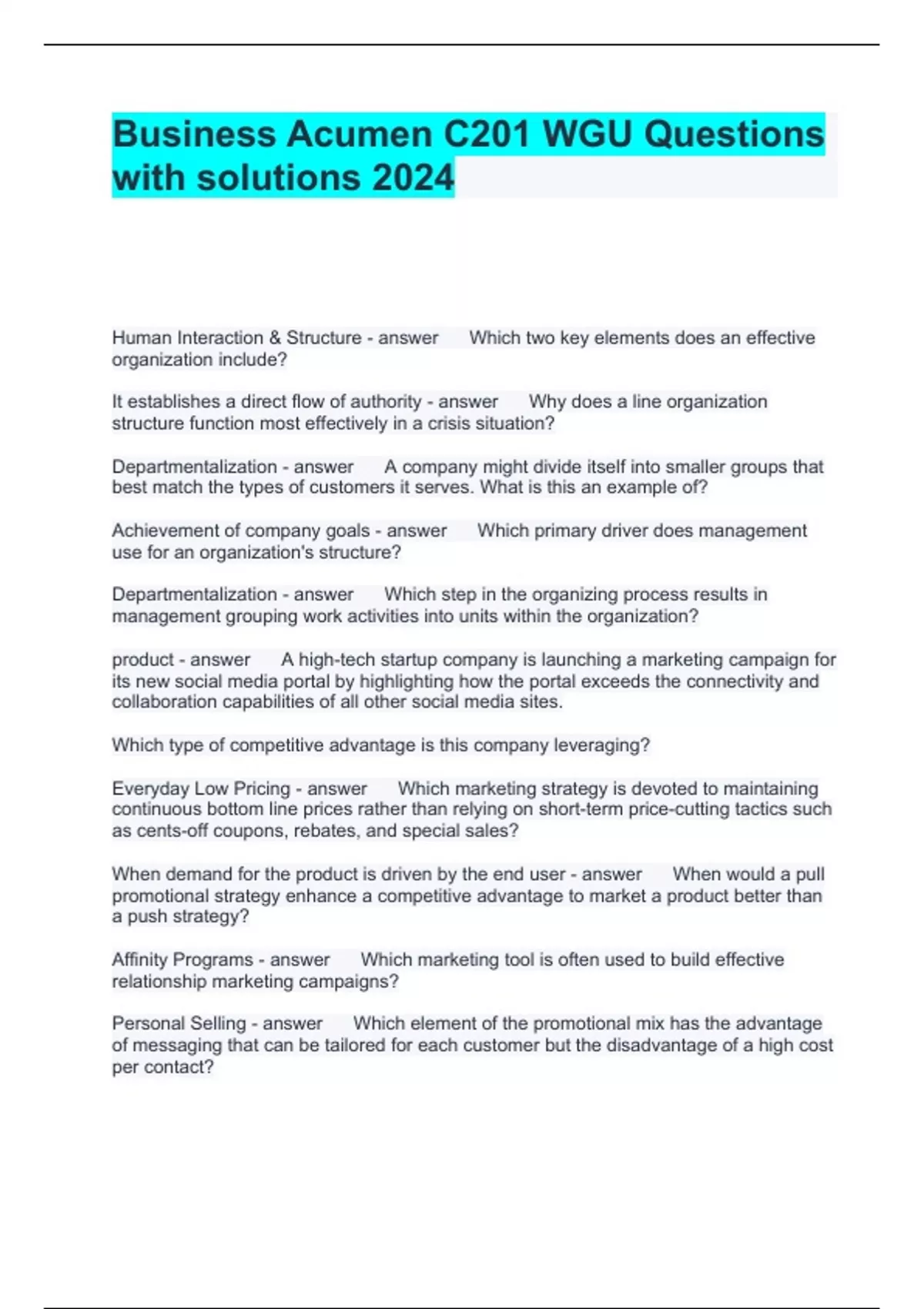 Business Acumen C201 WGU Questions with solutions 2024 - WGU C201 ...