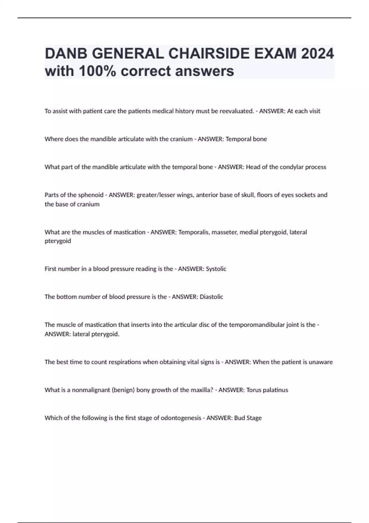 DANB GENERAL CHAIRSIDE EXAM 2024 with 100% correct answers - DANB ...