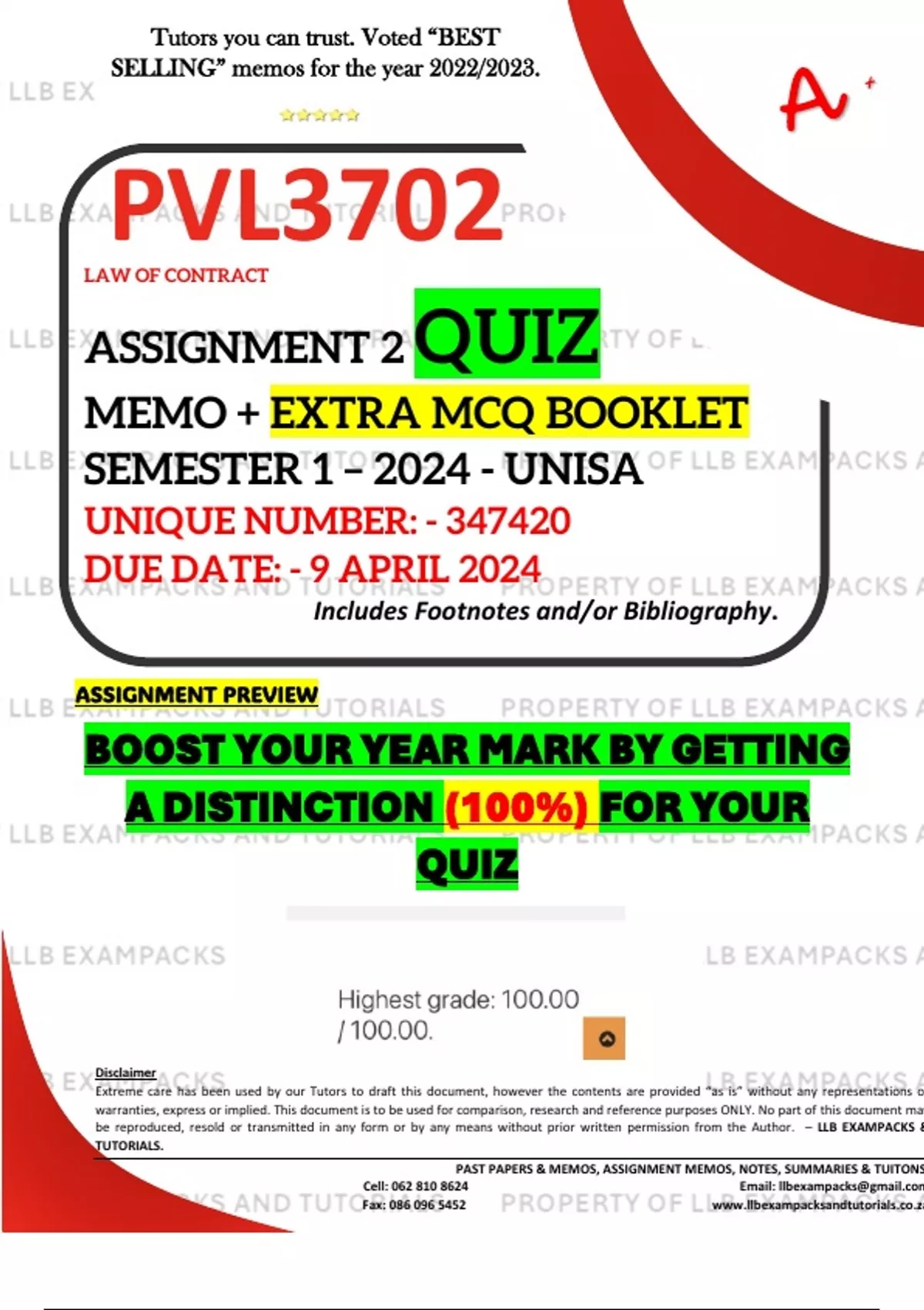 PVL3702 ASSIGNMENT 2 QUIZ MEMO - SEMESTER 1 - 2024 - UNISA - DUE : 9 APRIL 2024 (INCLUDES 2080 ...