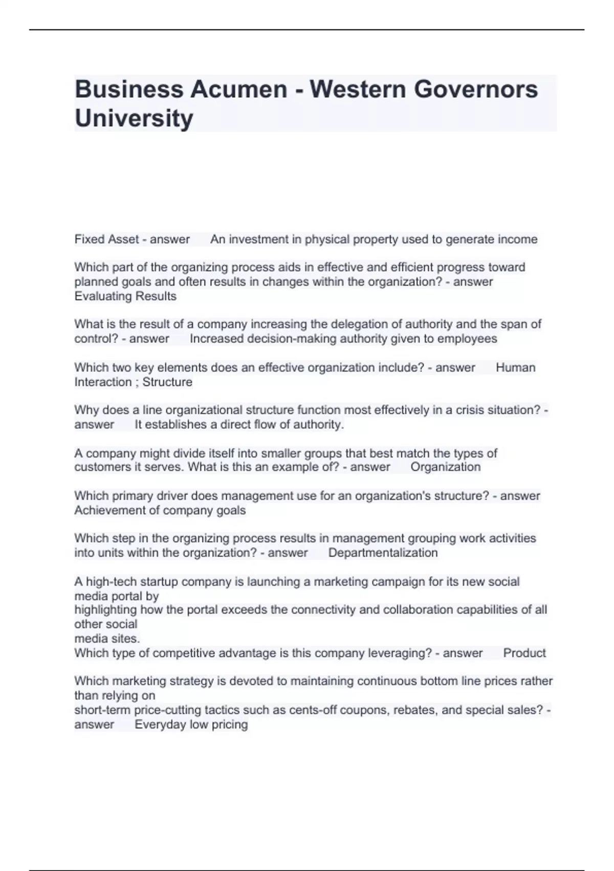 Business Acumen - Western Governors University Questions with correct ...