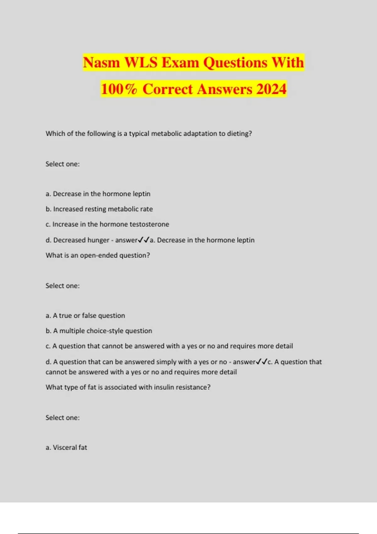 Nasm WLS Exam Questions With 100% Correct Answers 2024 - NASM weight ...