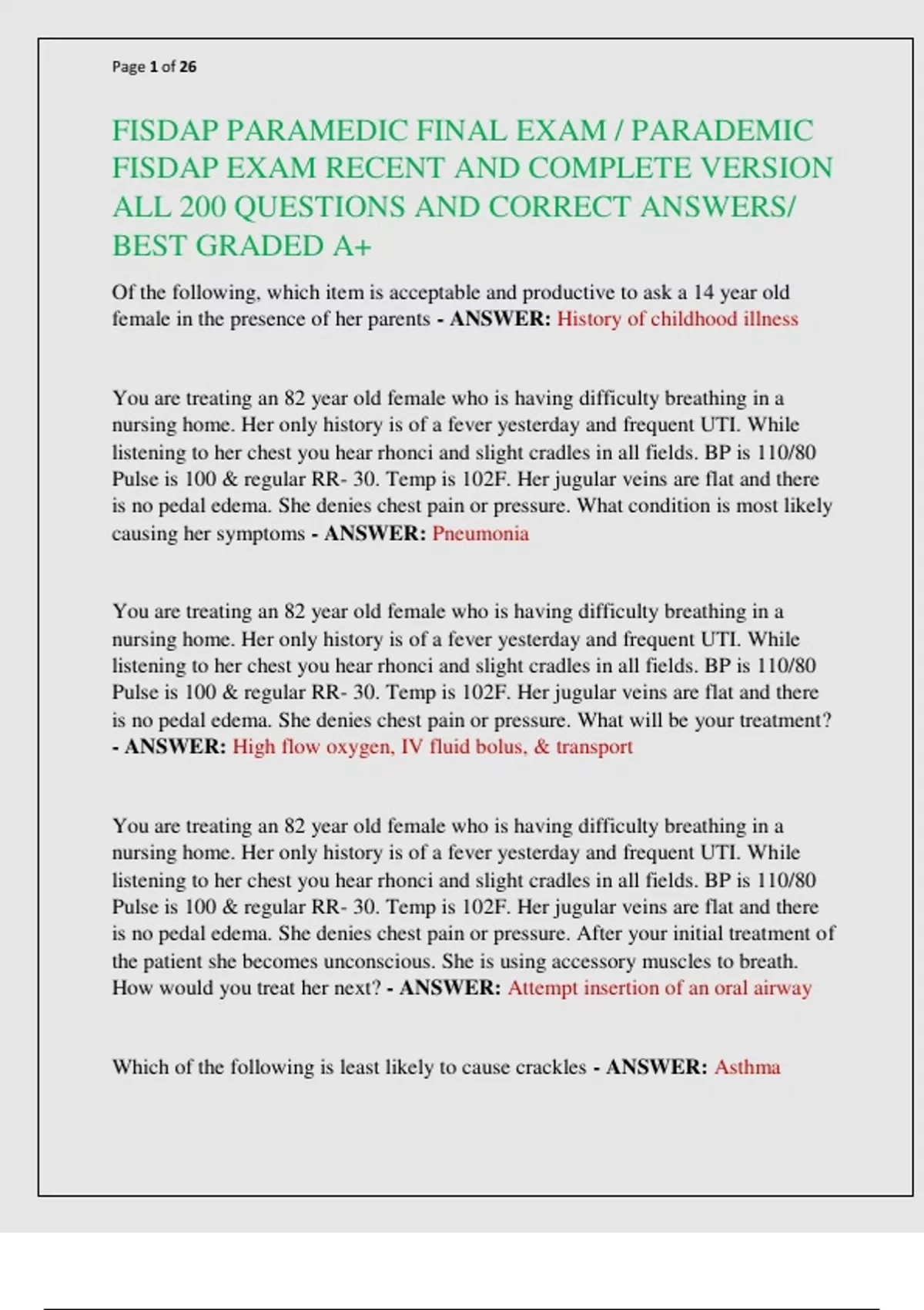 FISDAP PARAMEDIC FINAL EXAM / PARADEMIC FISDAP EXAM RECENT AND COMPLETE ...