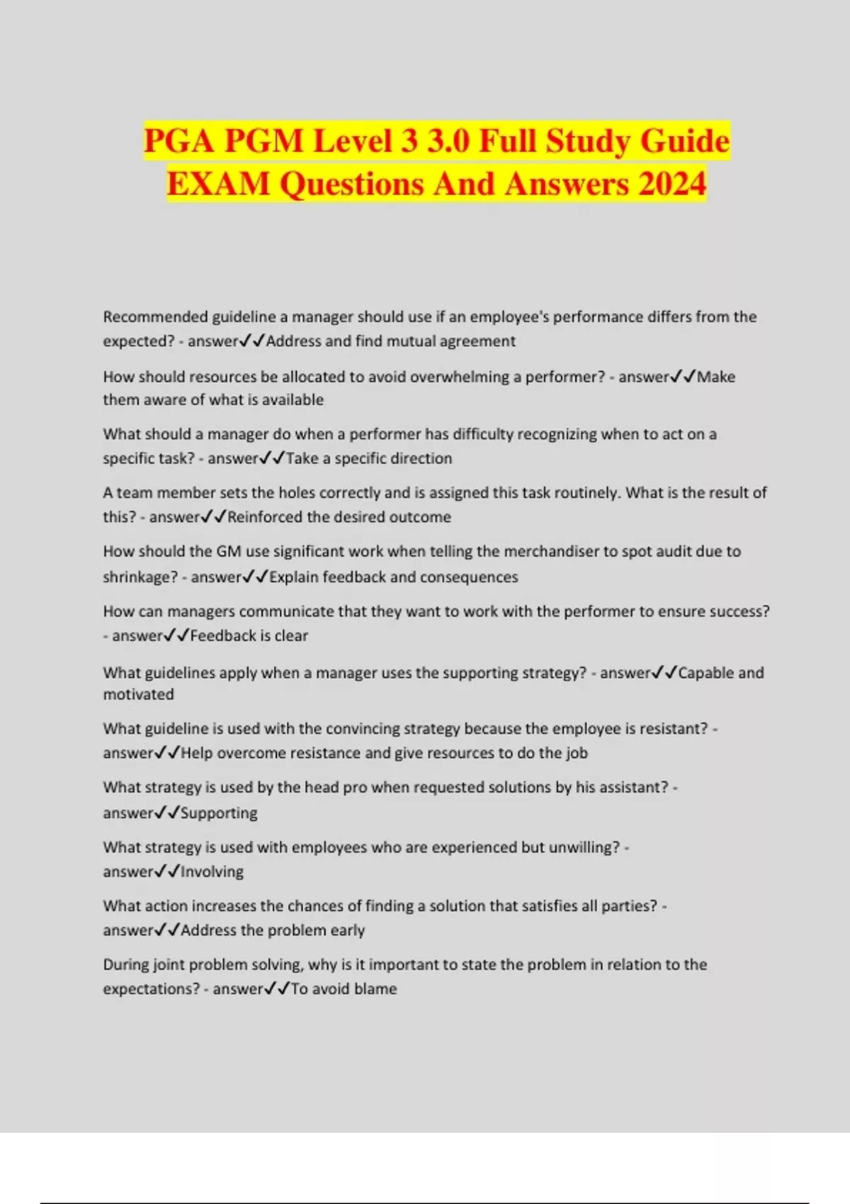 PGA PGM Level 3 3.0 Full Study Guide EXAM Questions And Answers 2024 - PGA PGM 3.0 - Stuvia US