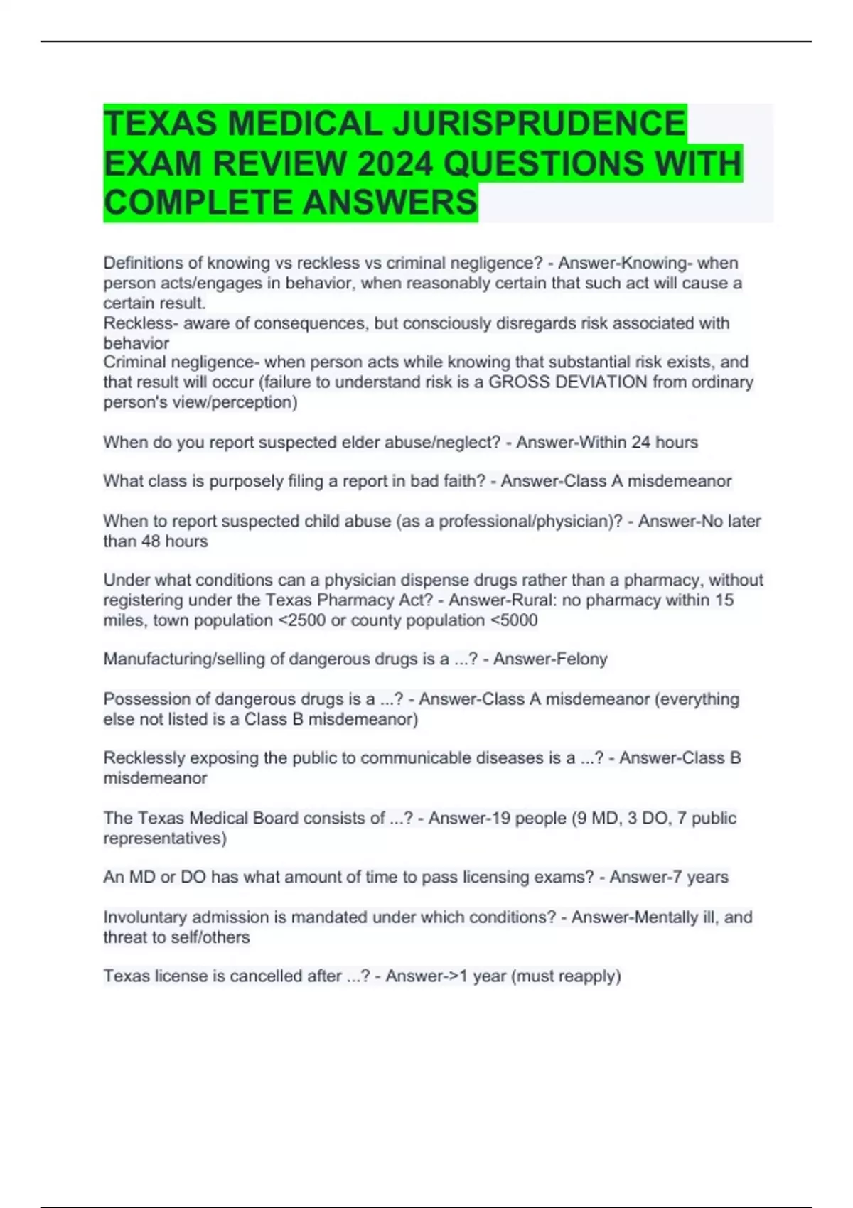 TEXAS MEDICAL JURISPRUDENCE EXAM REVIEW 2024 QUESTIONS WITH COMPLETE ...
