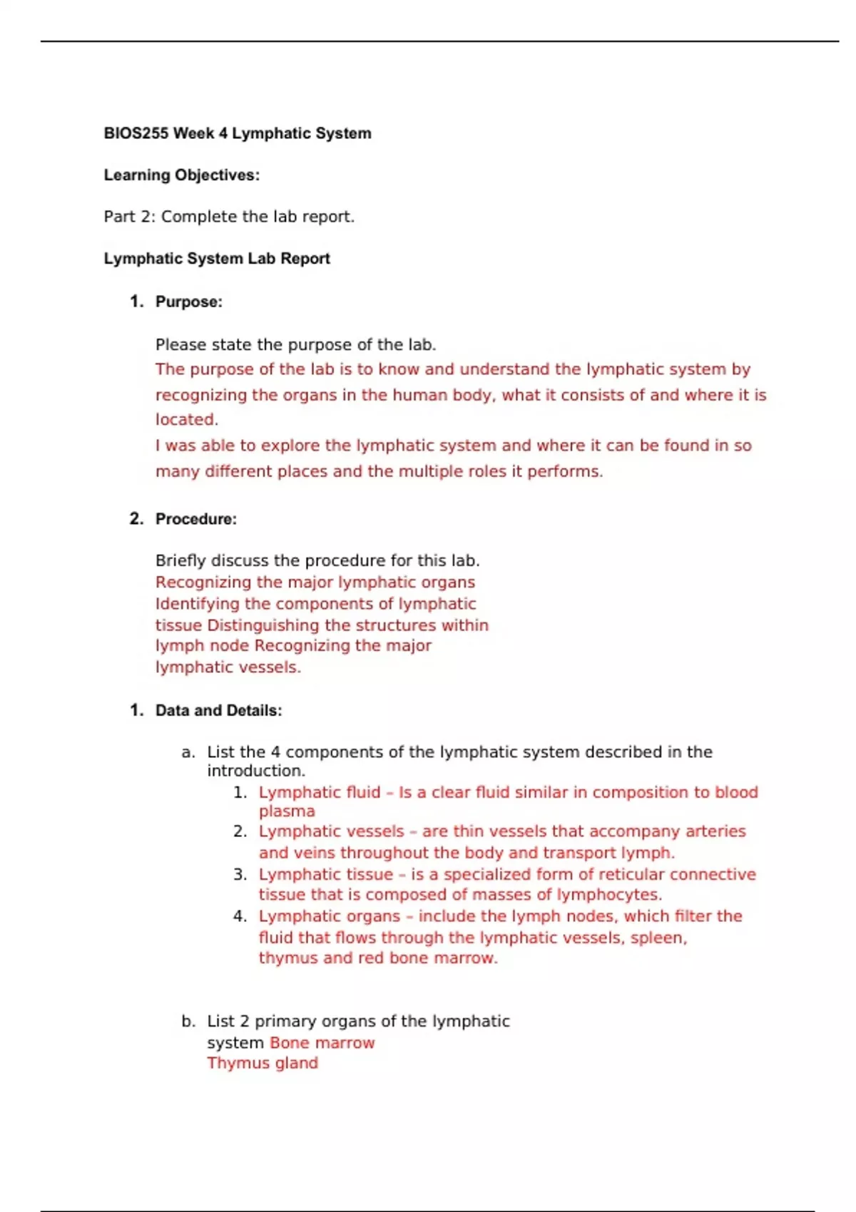 BIOS 255 Week 4 Lymphatic System LAB Chamberlain College of Nursing ...