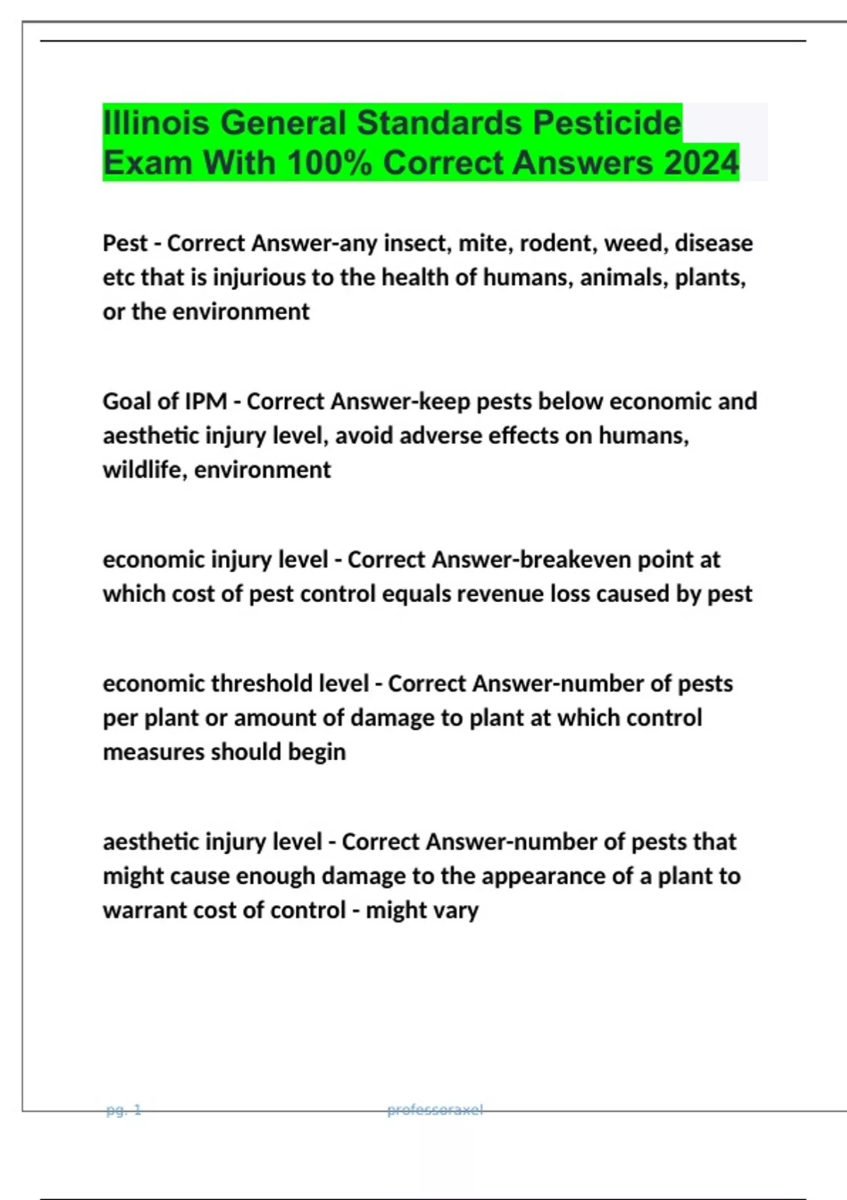 Illinois General Standards Pesticide Exam With 100% Correct Answers ...