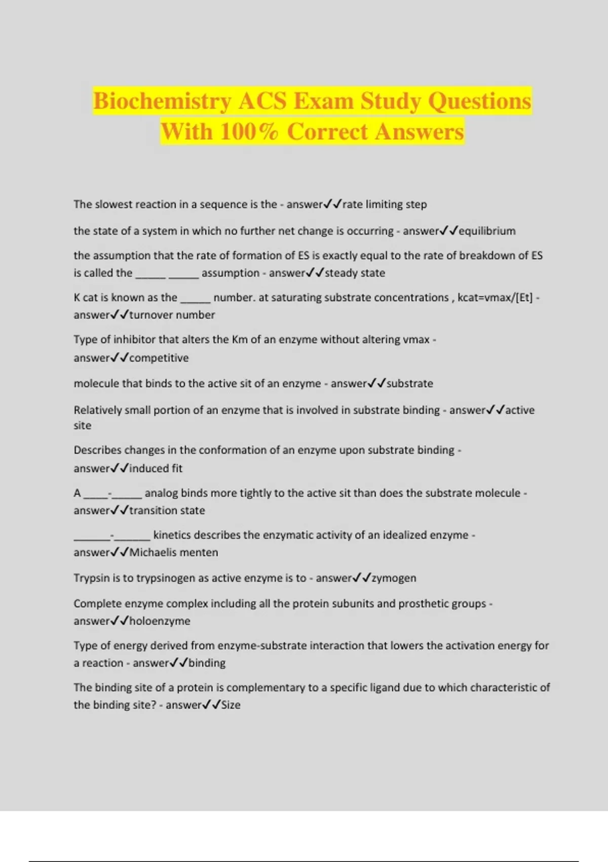 Biochemistry ACS Exam Study Questions With 100% Correct Answers - ACS ...