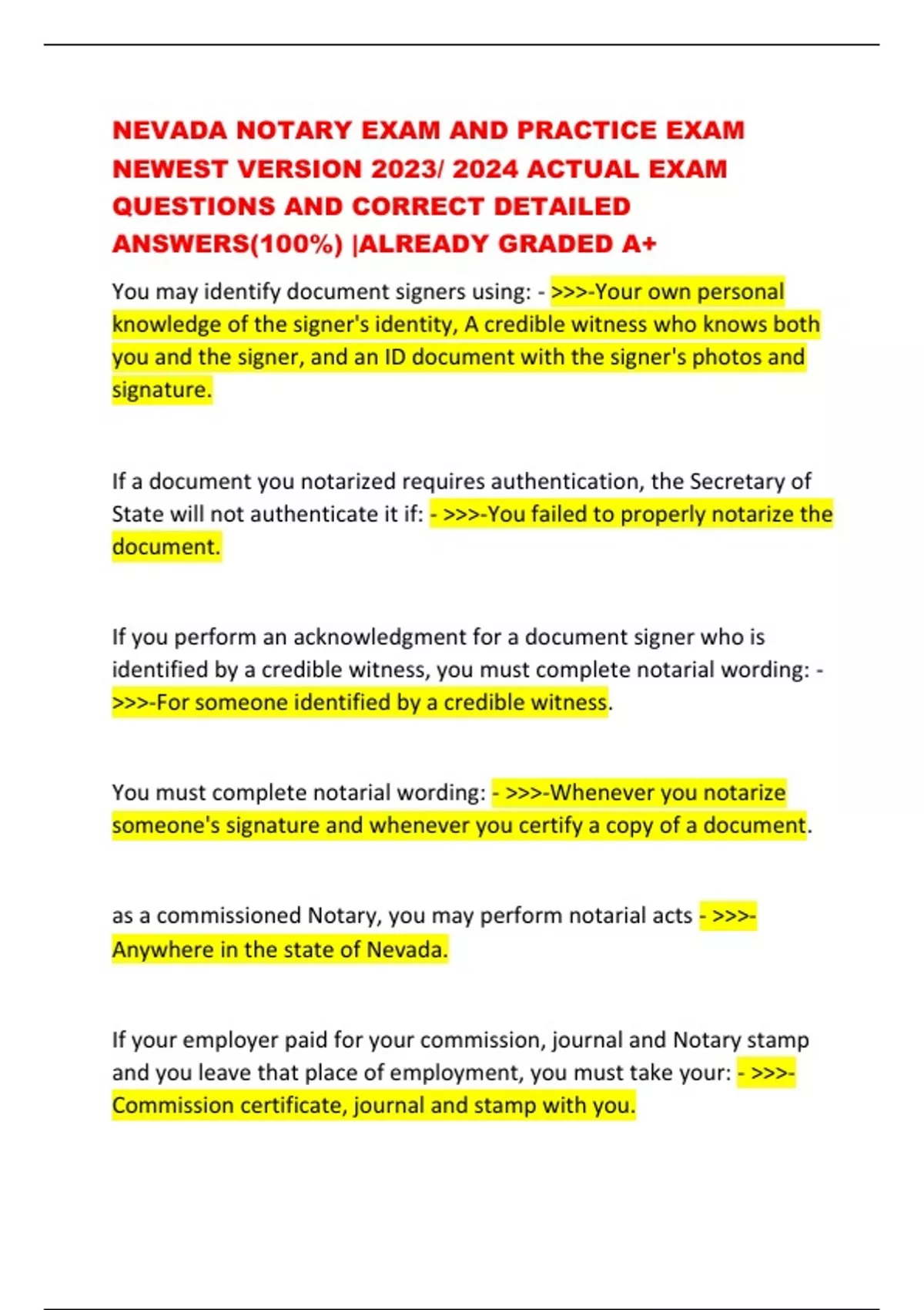 NEVADA NOTARY EXAM AND PRACTICE EXAM NEWEST VERSION 2023/ 2024 ACTUAL ...