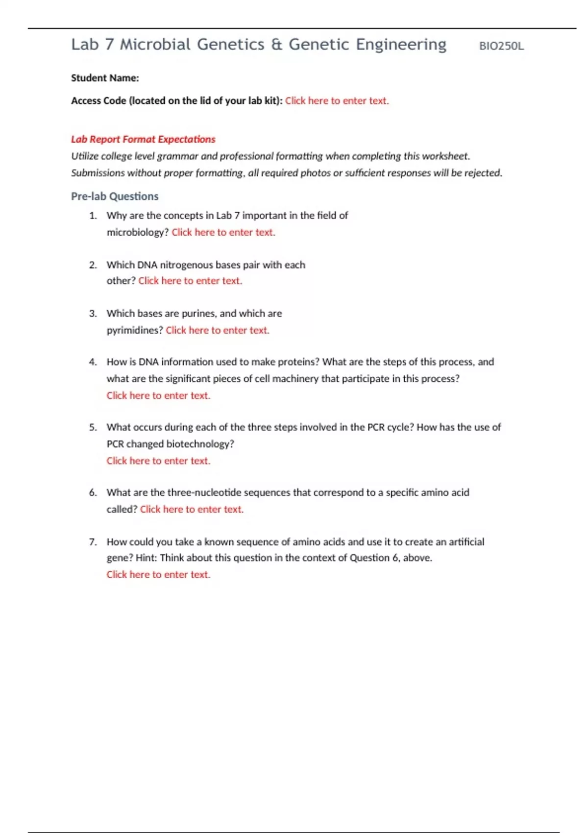 BIO250L Lab 7 Microbial Genetics & Genetic Engineering SPRING 2024 ...