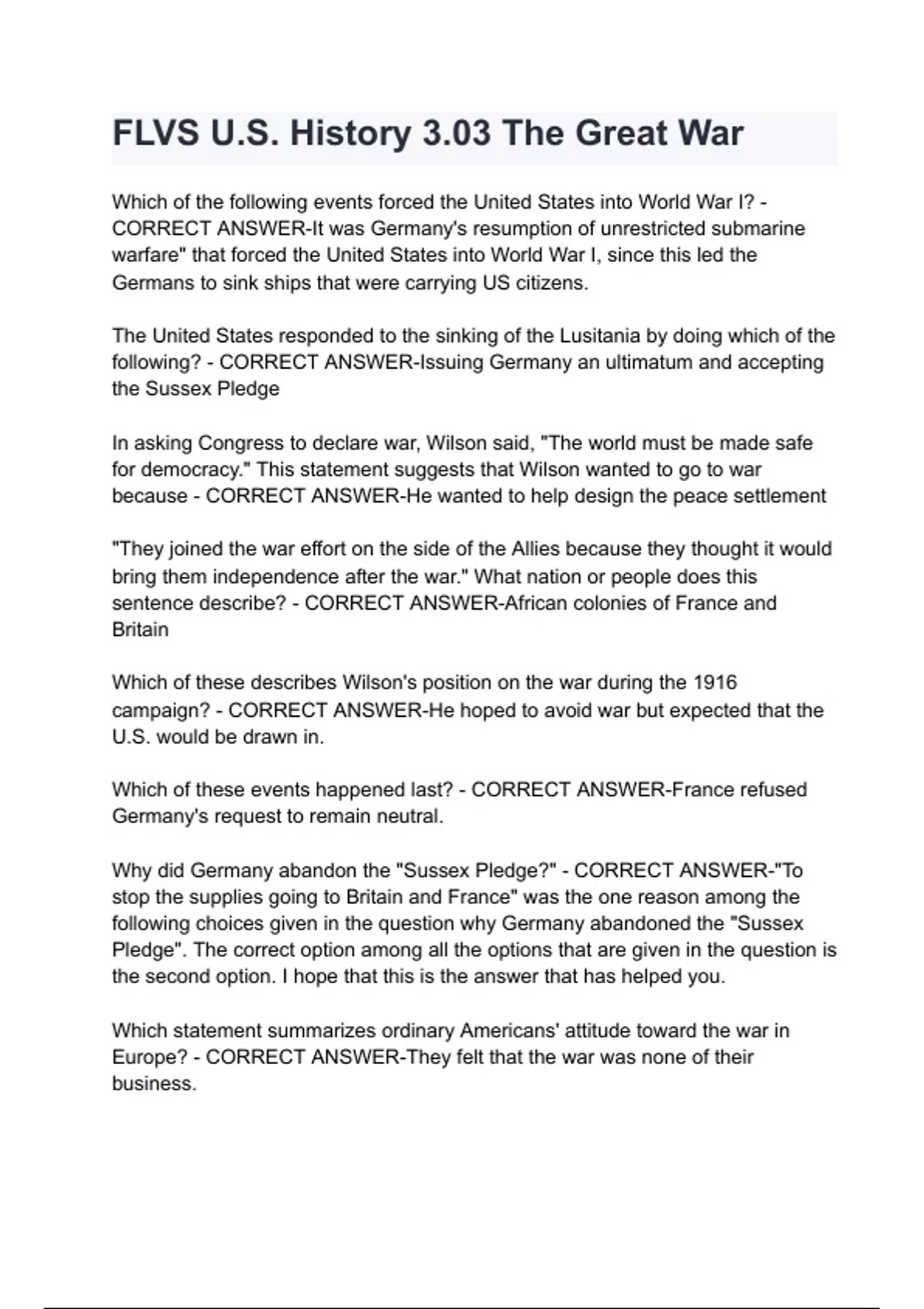 FLVS U.S. History 3.03 The Great War Questions and Answers - FLVS U.S ...