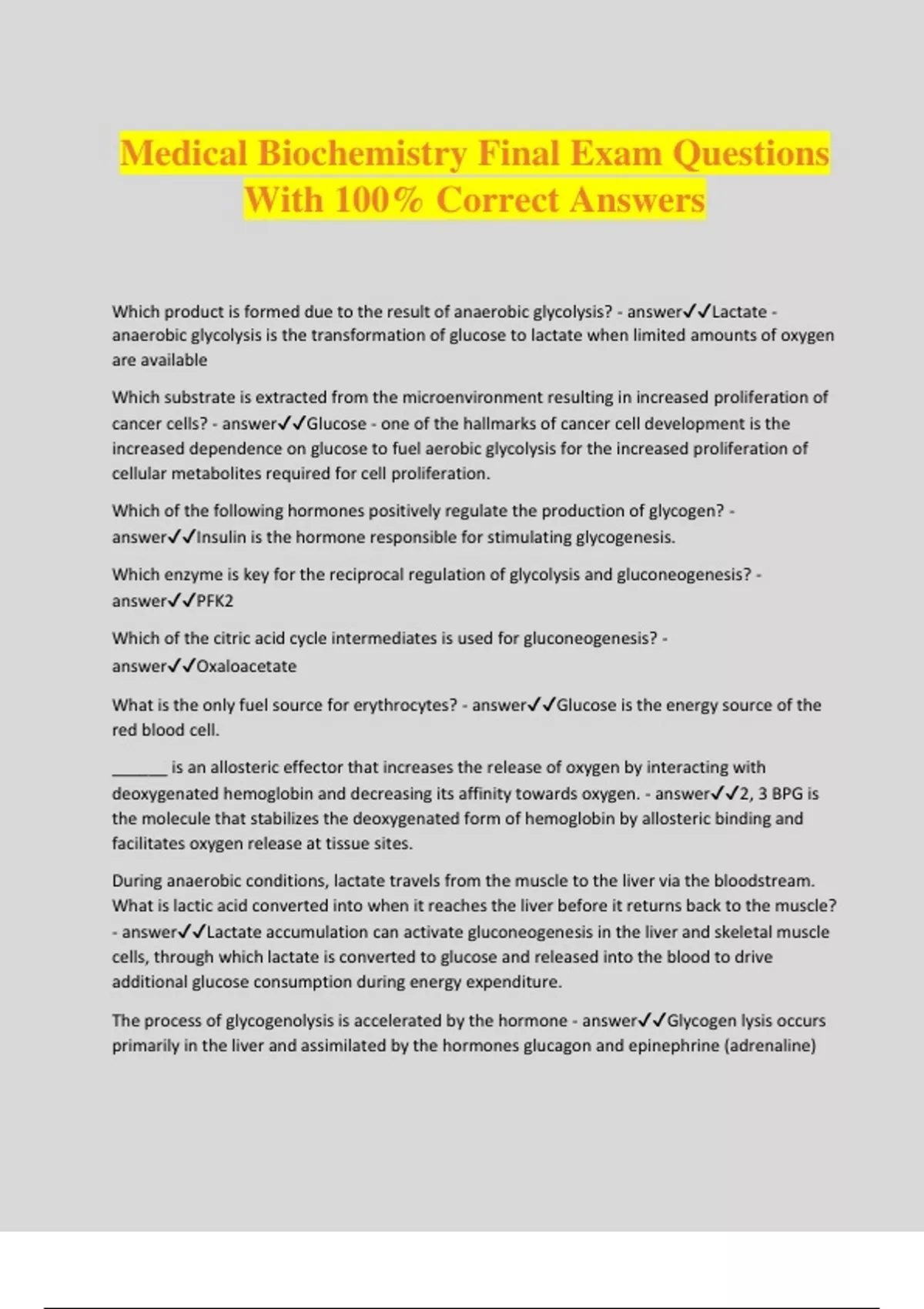 Medical Biochemistry Final Exam Questions With 100% Correct Answer ...